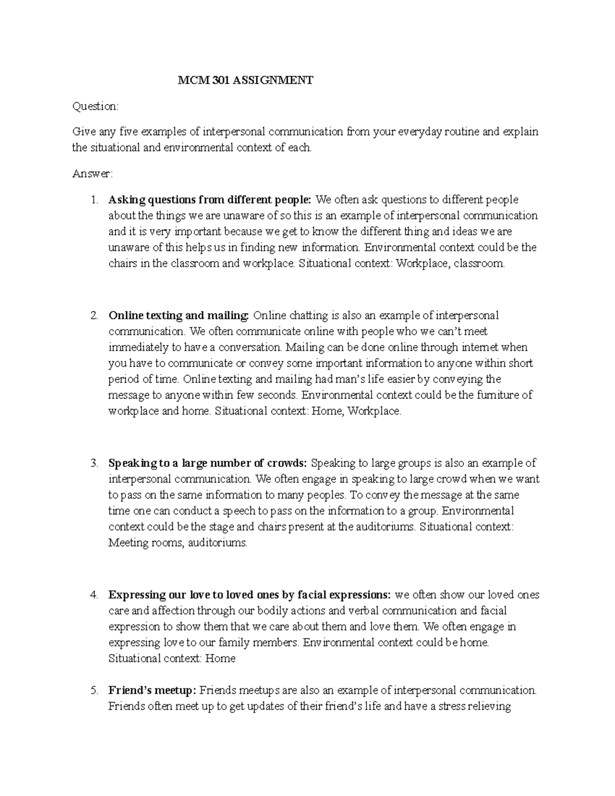 MCM301 Assignment - MCM 301 ASSIGNMENT Question: Give any five examples of interpersonal - Studocu