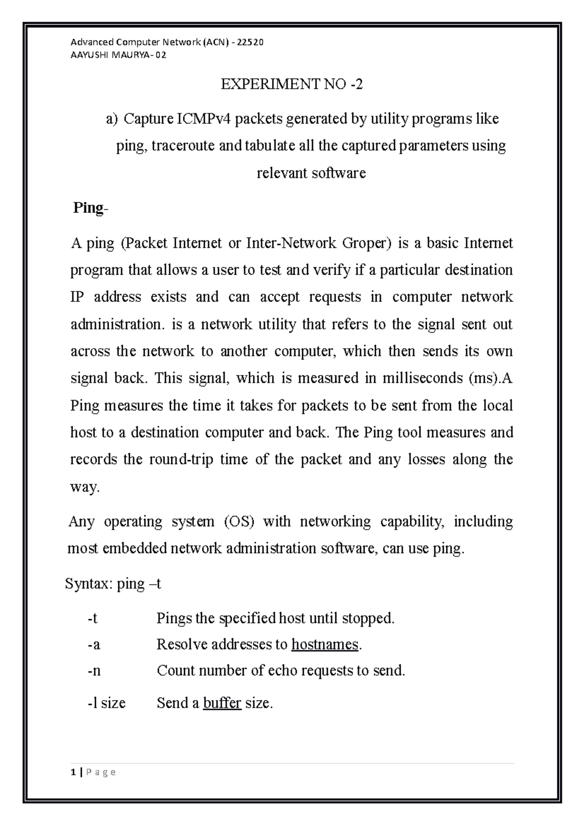 Aayushi Maurya 02 EXP 2 ACN - AAYUSHI MAURYA- 02 EXPERIMENT NO - a) Capture ICMPv4 packets ...
