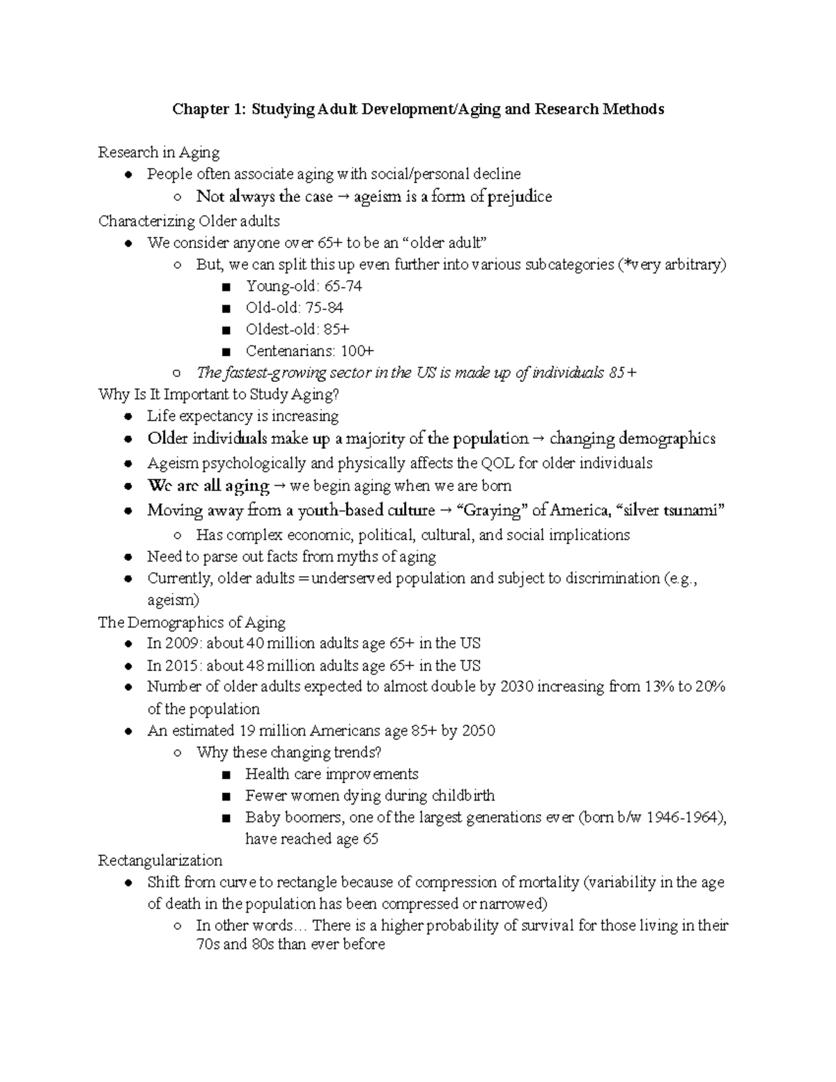 Aging and Society Ch 1 - Lecture notes 1 - Chapter 1: Studying Adult ...