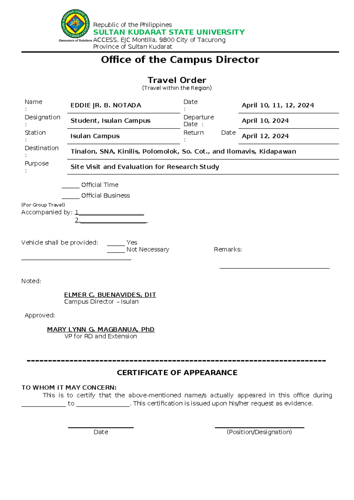 Travel order within the region chadqwd - Republic of the Philippines ...