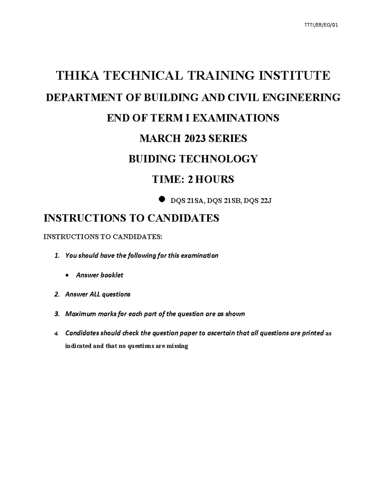 BTEC STG 2 - exam questions - TTTI/ER/EO/ THIKA TECHNICAL TRAINING INSTITUTE DEPARTMENT OF ...