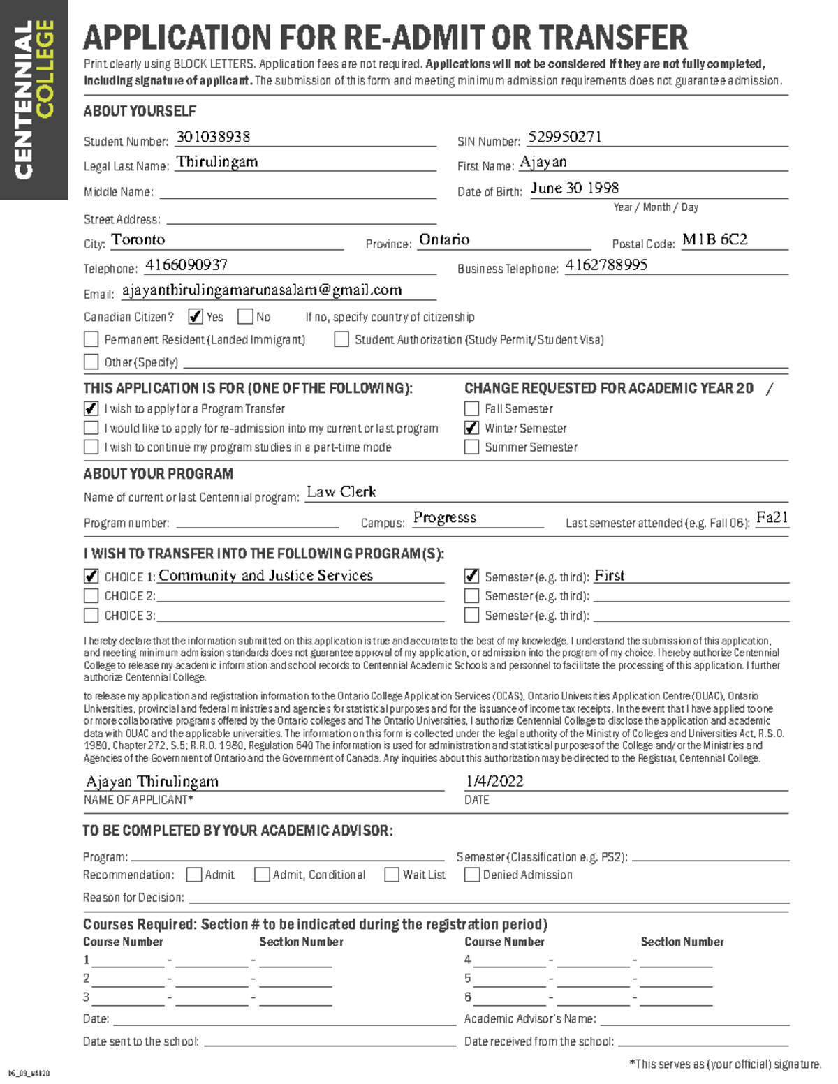 Application readmit or transfer s1 - I WISH TO TRANSFER INTO THE ...