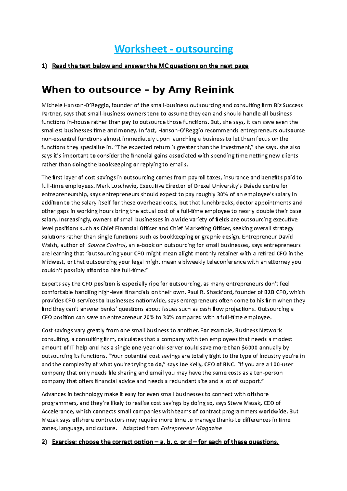 Worksheet - outsourcing - But, she says, it can save even the smallest ...