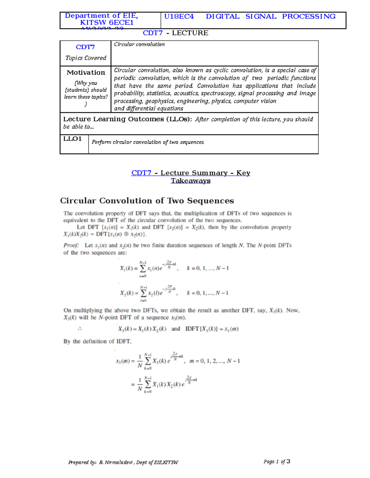 DSP CDT7 Summary 4ECI RND - CDT Topics Covered Circular convolution Motivation (Why you ...