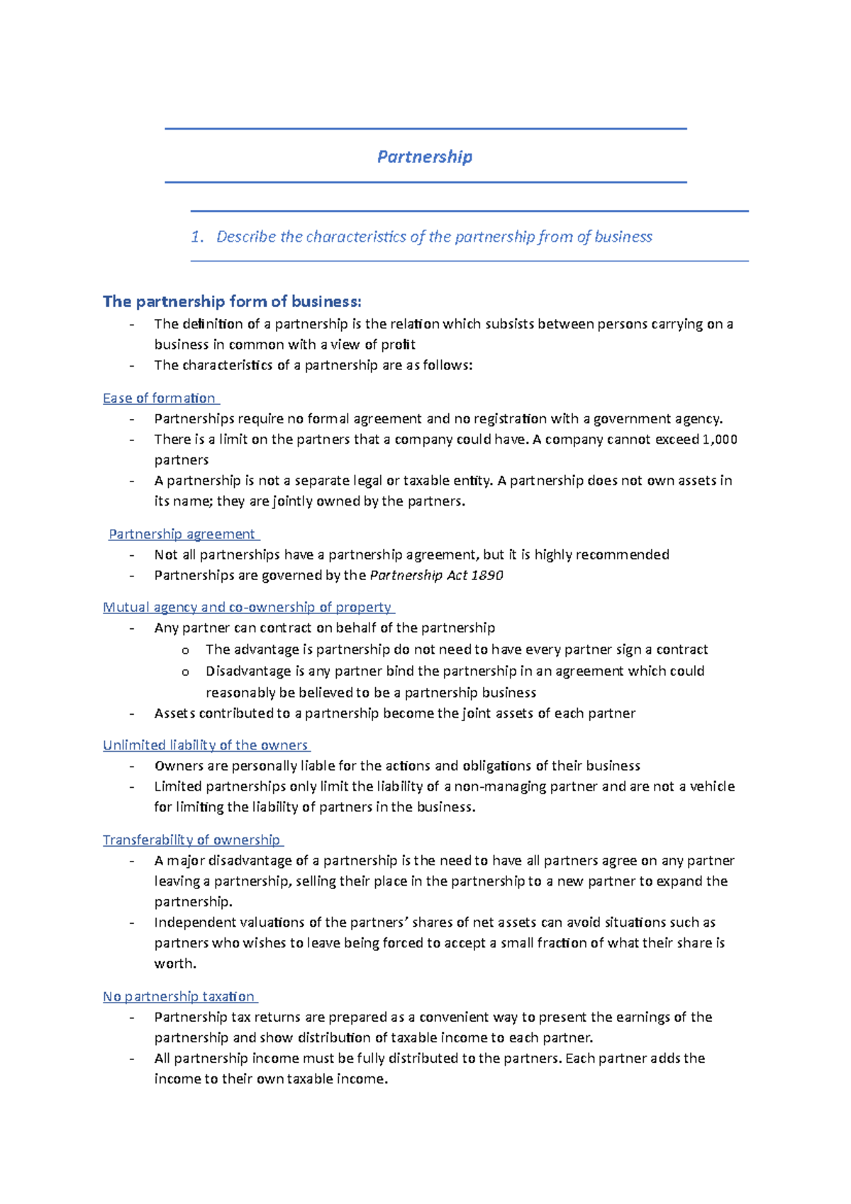Partnership - Lecture notes 5 - Partnership 1. Describe the ...