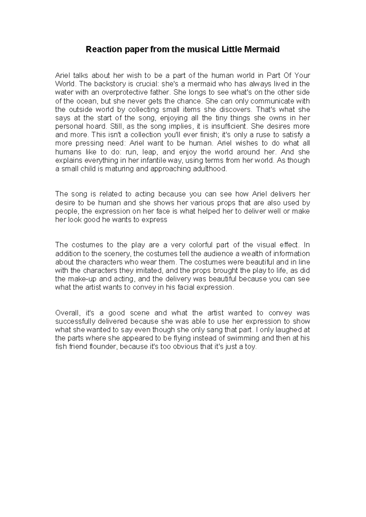 Little mermaid - basta - Reaction paper from the musical Little Mermaid ...