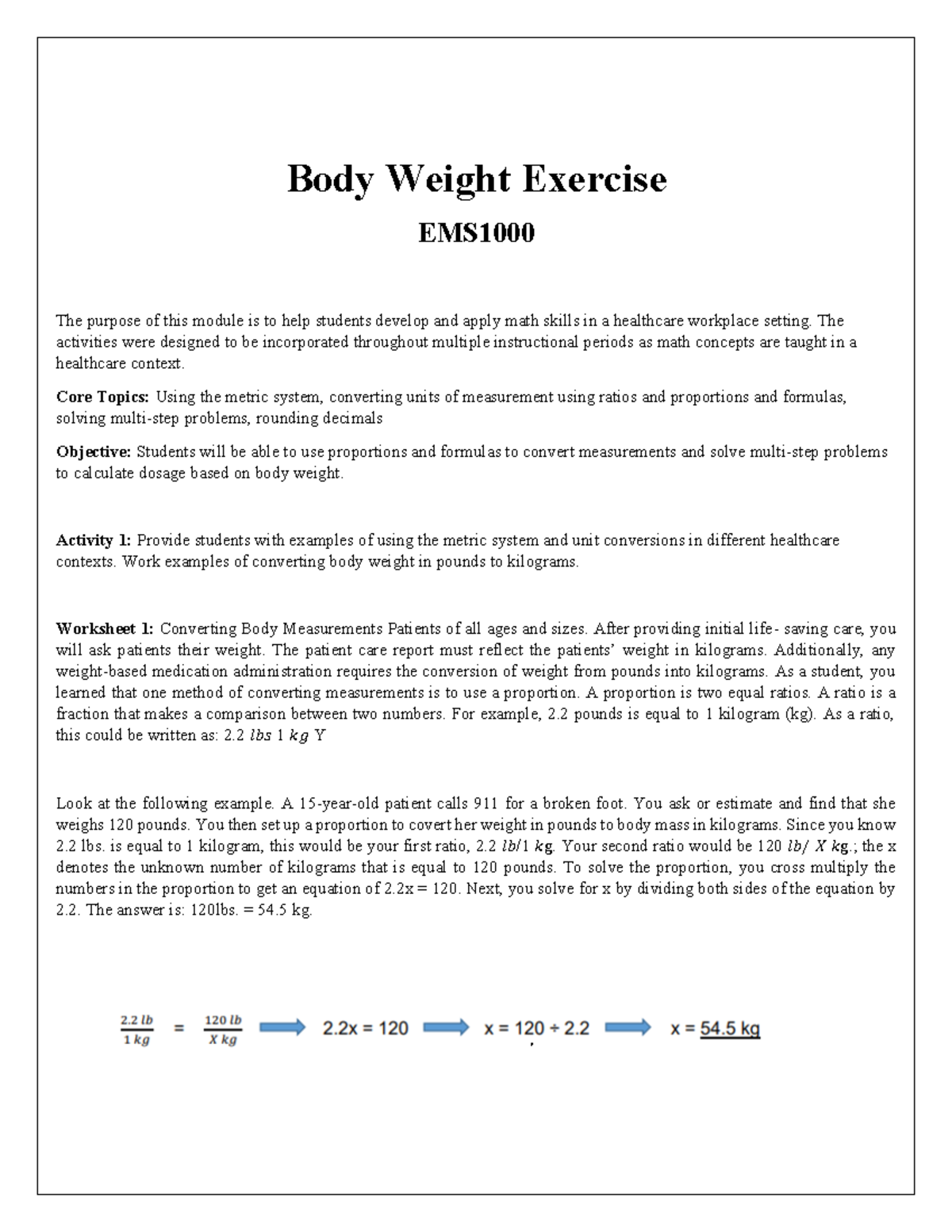 EMS1000 Math Activity 1 2 - Body Weight Exercise EMS The purpose of ...