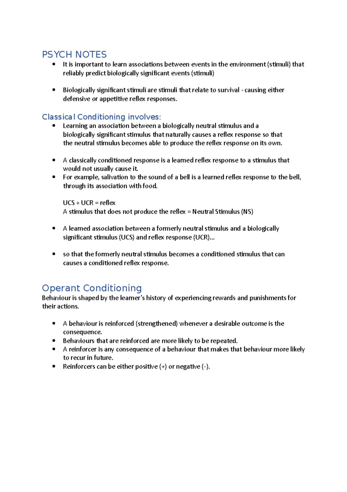 Psych Notes - PSYCH NOTES It is important to learn associations between ...