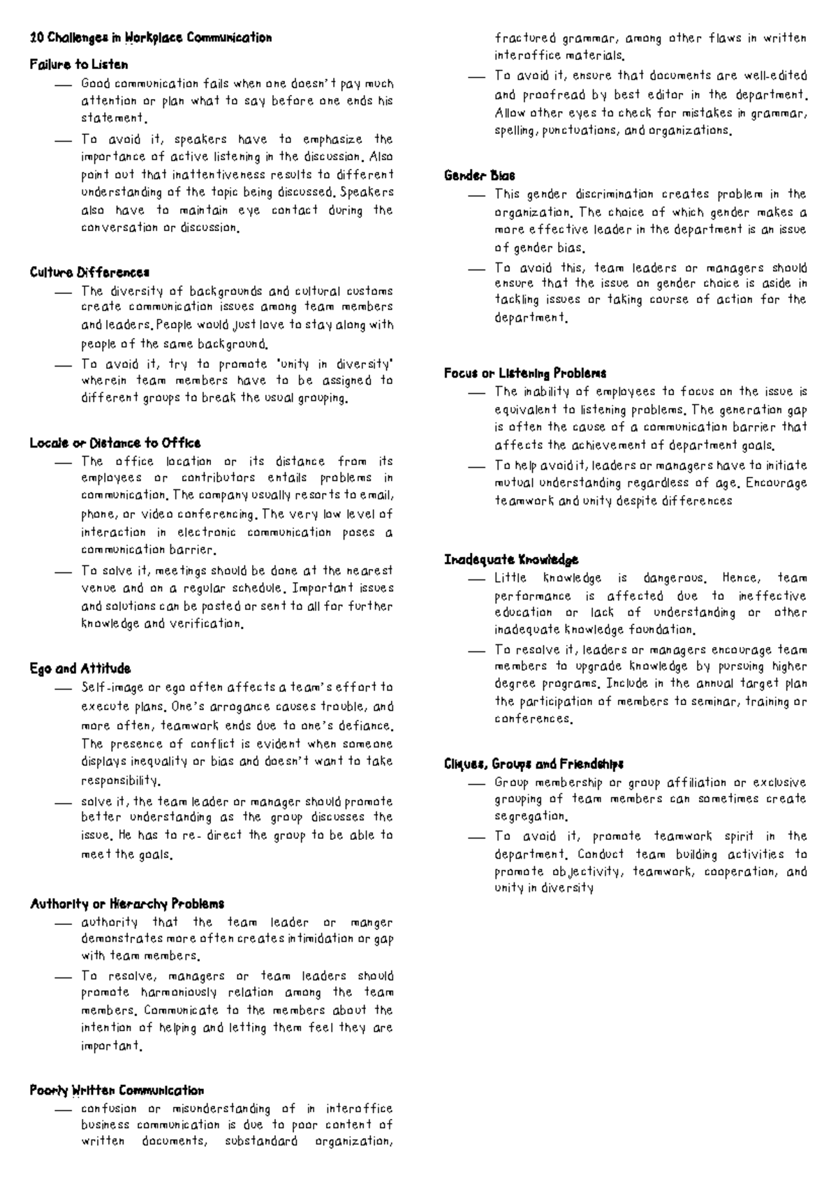 Purcomm- Finals Reviewer - 10 Challenges in Workplace Communication ...
