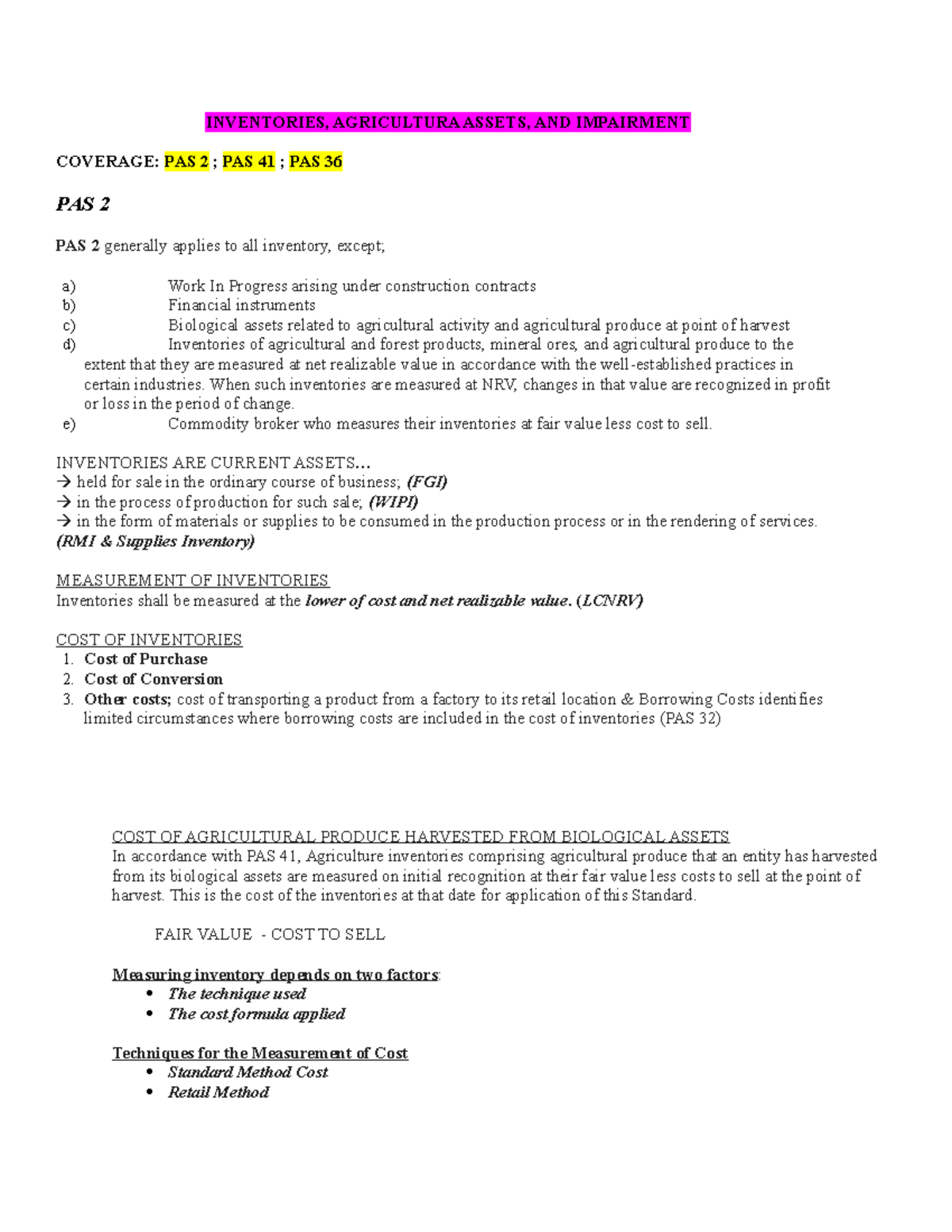 PAS 2 ; PAS 41 ; PAS 36 (CFAS Notes) - INVENTORIES, AGRICULTURA ASSETS ...