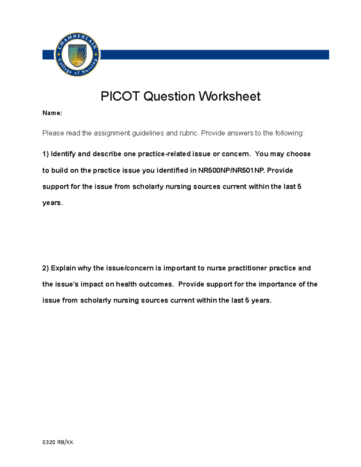 NR505NP Picot Question Worksheet 051220 - PICOT Question Worksheet Name ...