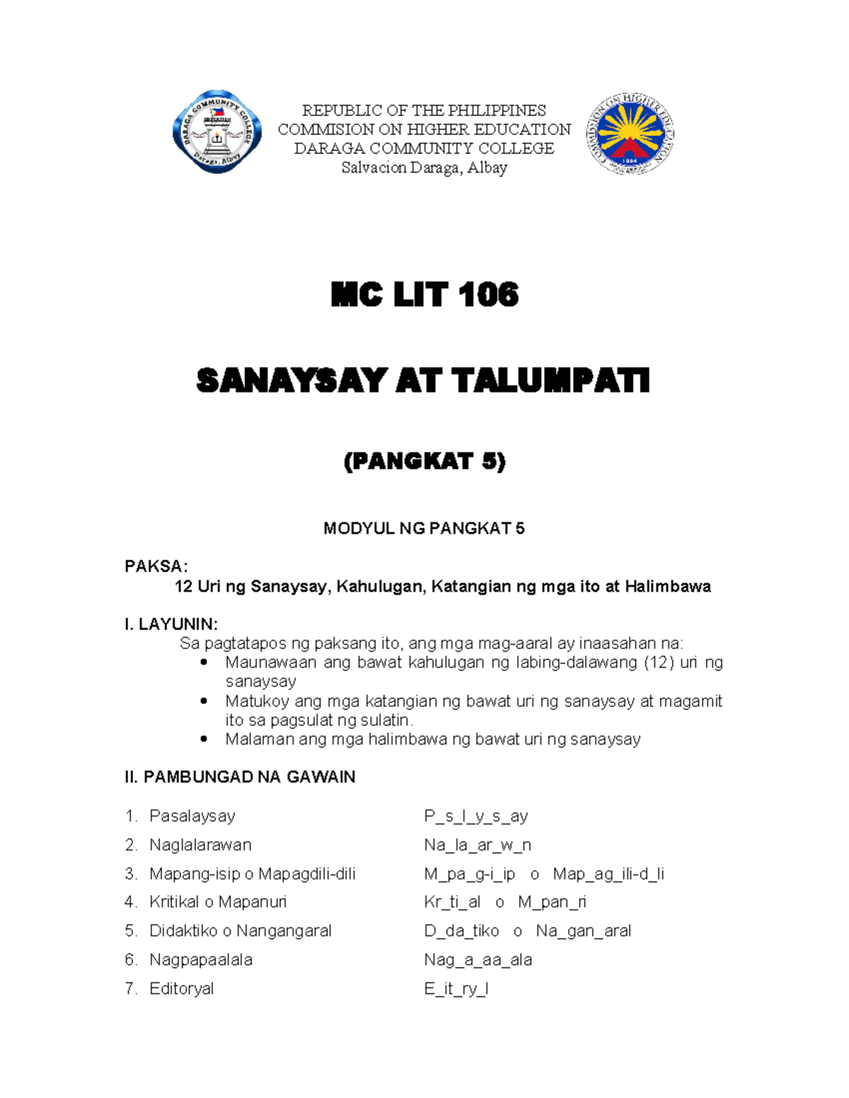 Modyul 12 uri ng sanaysay - REPUBLIC OF THE PHILIPPINES COMMISION ON ...