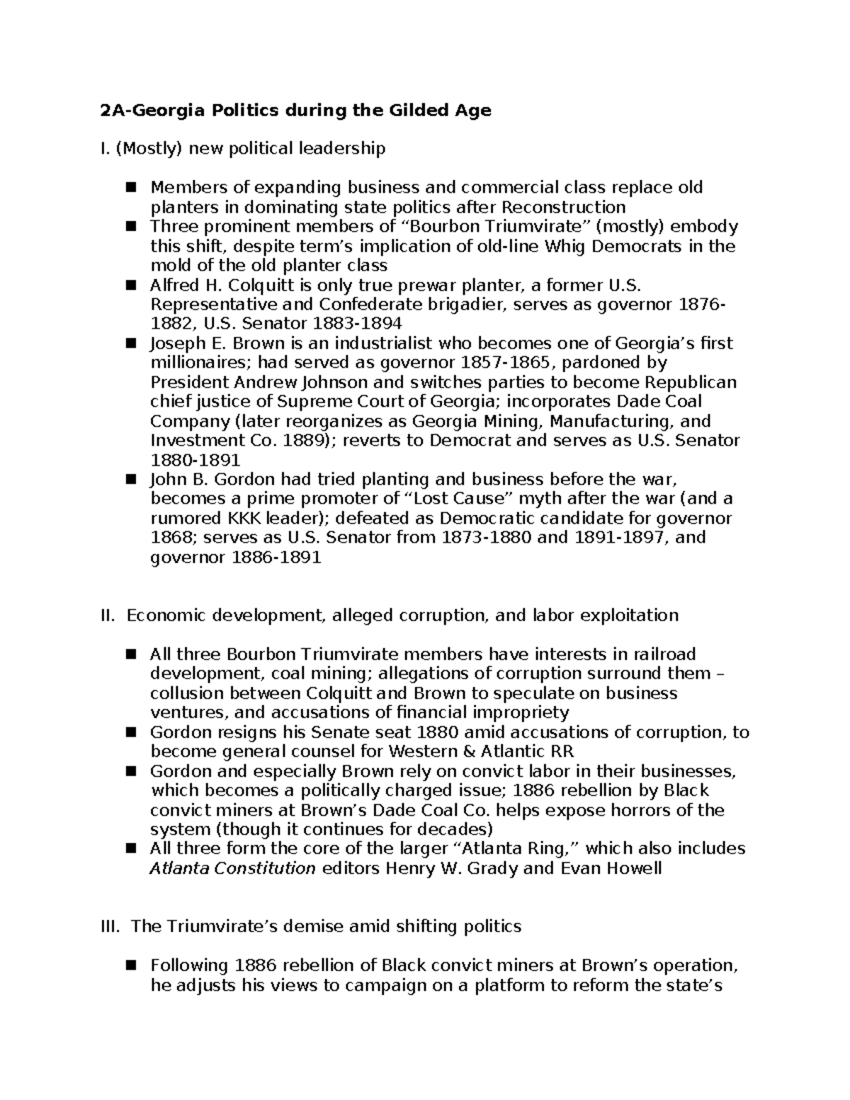 2A-Georgia Gilded Age outline - 2A-Georgia Politics during the Gilded ...