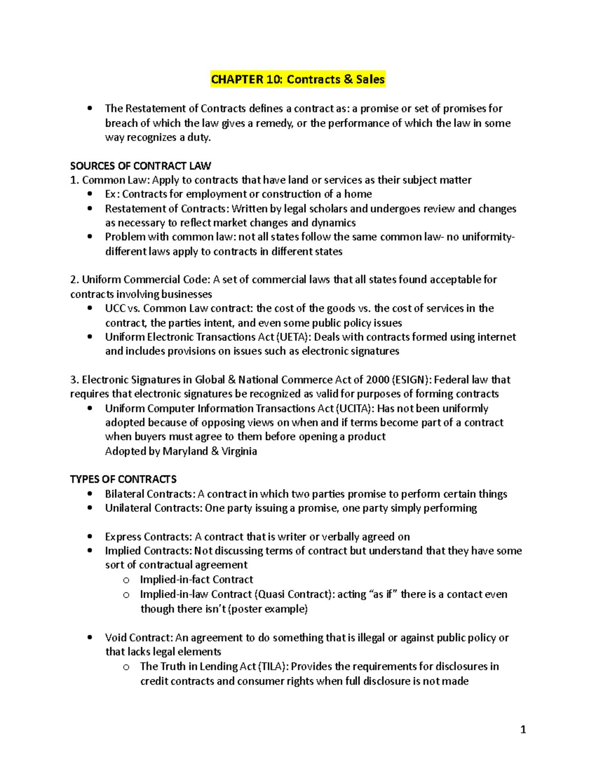 Chapter 10 - Lecture notes 10 - CHAPTER 10: Contracts & Sales The ...