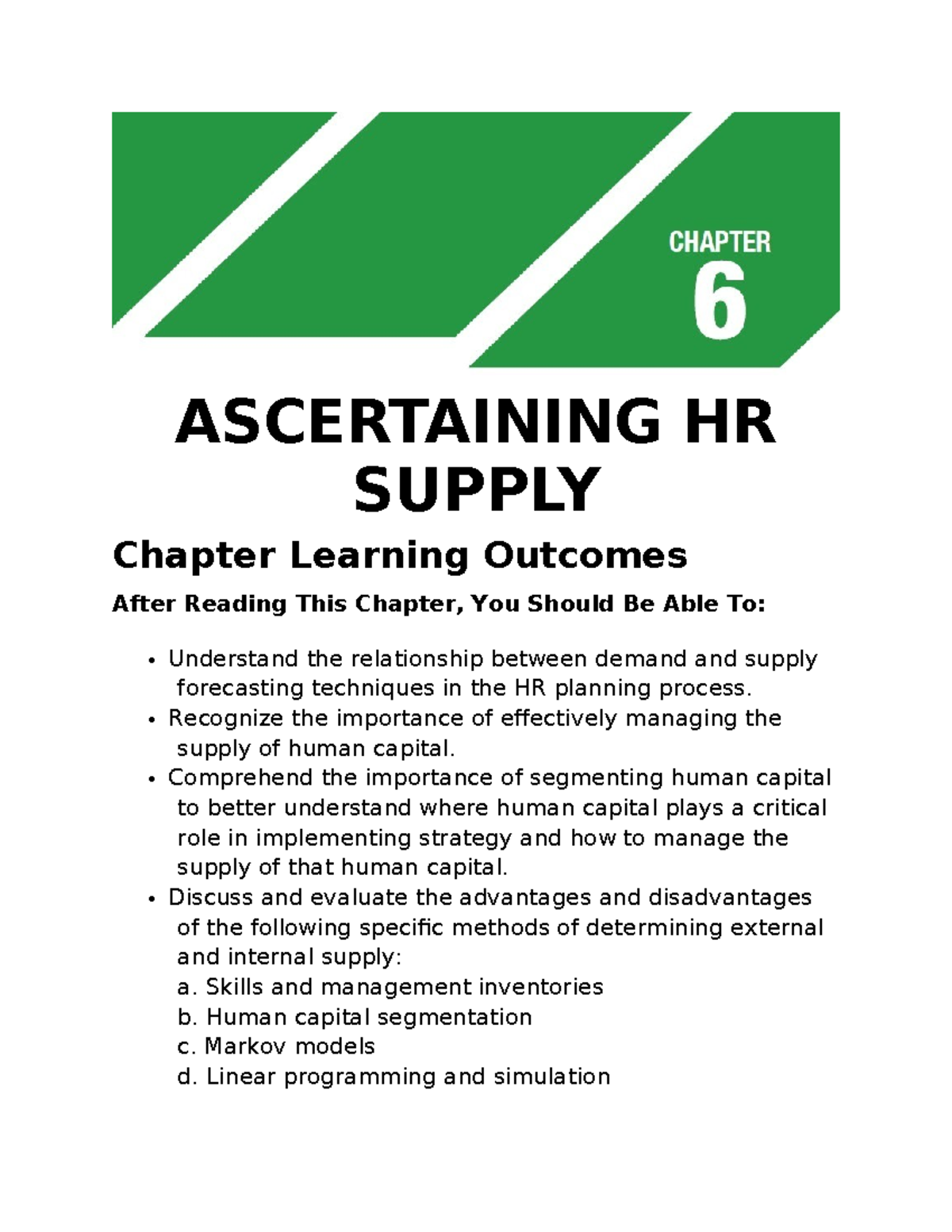 HRM Chapter 6 HR Demand & Supply - ASCERTAINING HR SUPPLY Chapter Learning Outcomes After ...