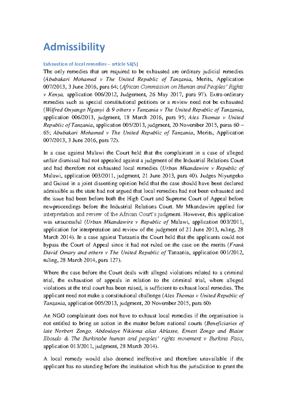 Exhaustion of local remedies – article 56 - Admissibility Exhaustion of ...