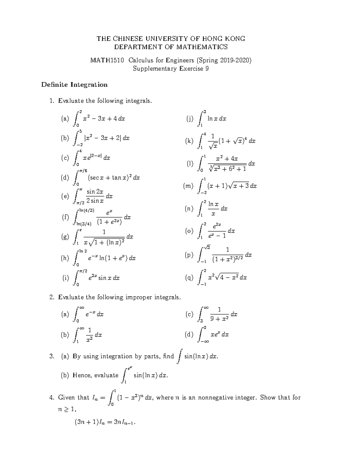 Supp Ex 9 - extra exercise - THE CHINESE UNIVERSITY OF HONG KONG DEPARTMENT OF MATHEMATICS ...