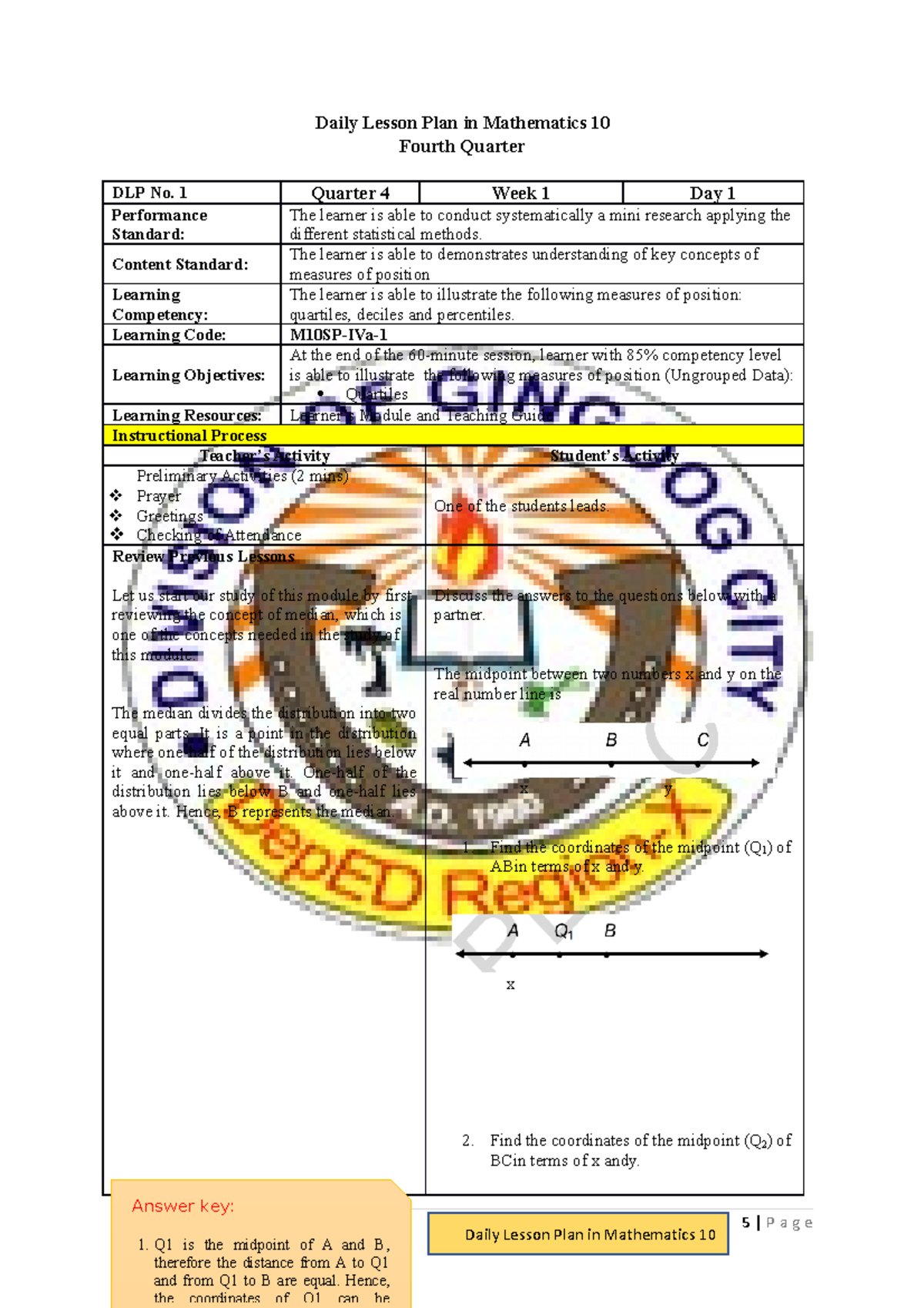 Q4 DLP in Mathematics 10 week 1 - Daily Lesson Plan in Mathematics 10 Fourth Quarter DLP No. 1 ...