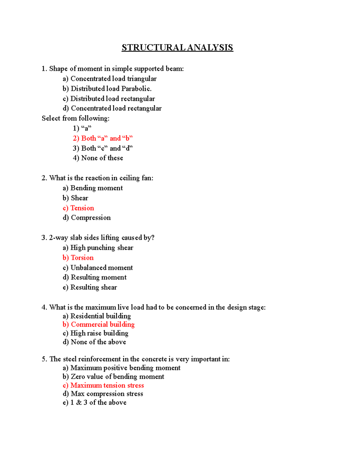 01. Structural Analysis Question (QWA) - STRUCTURAL ANALYSIS Shape of moment in simple supported ...