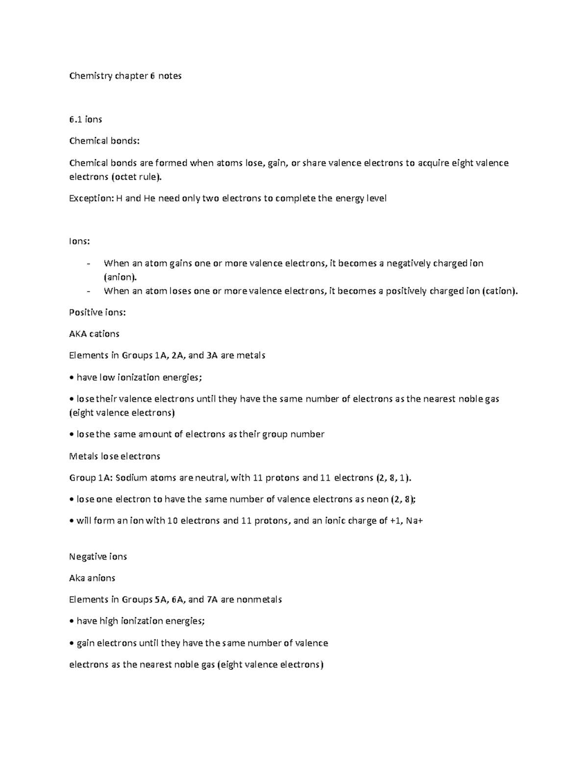 Chemistry chapter 6 notes - Chemistry chapter 6 notes 6 ions Chemical ...