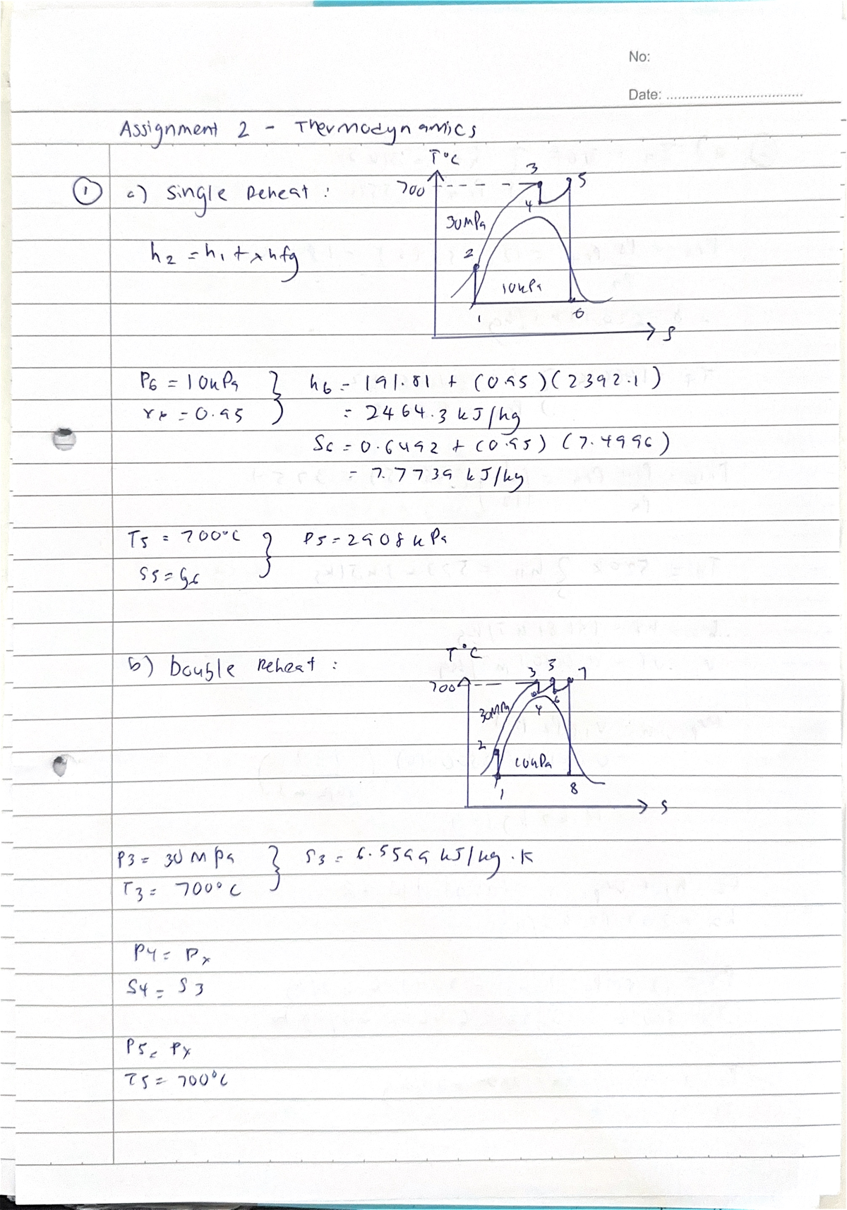 Assignment (22000 113) - Thermo 2 - No: Date: Assignment 2 Thermodynamics 3 , a) single Reheat ...