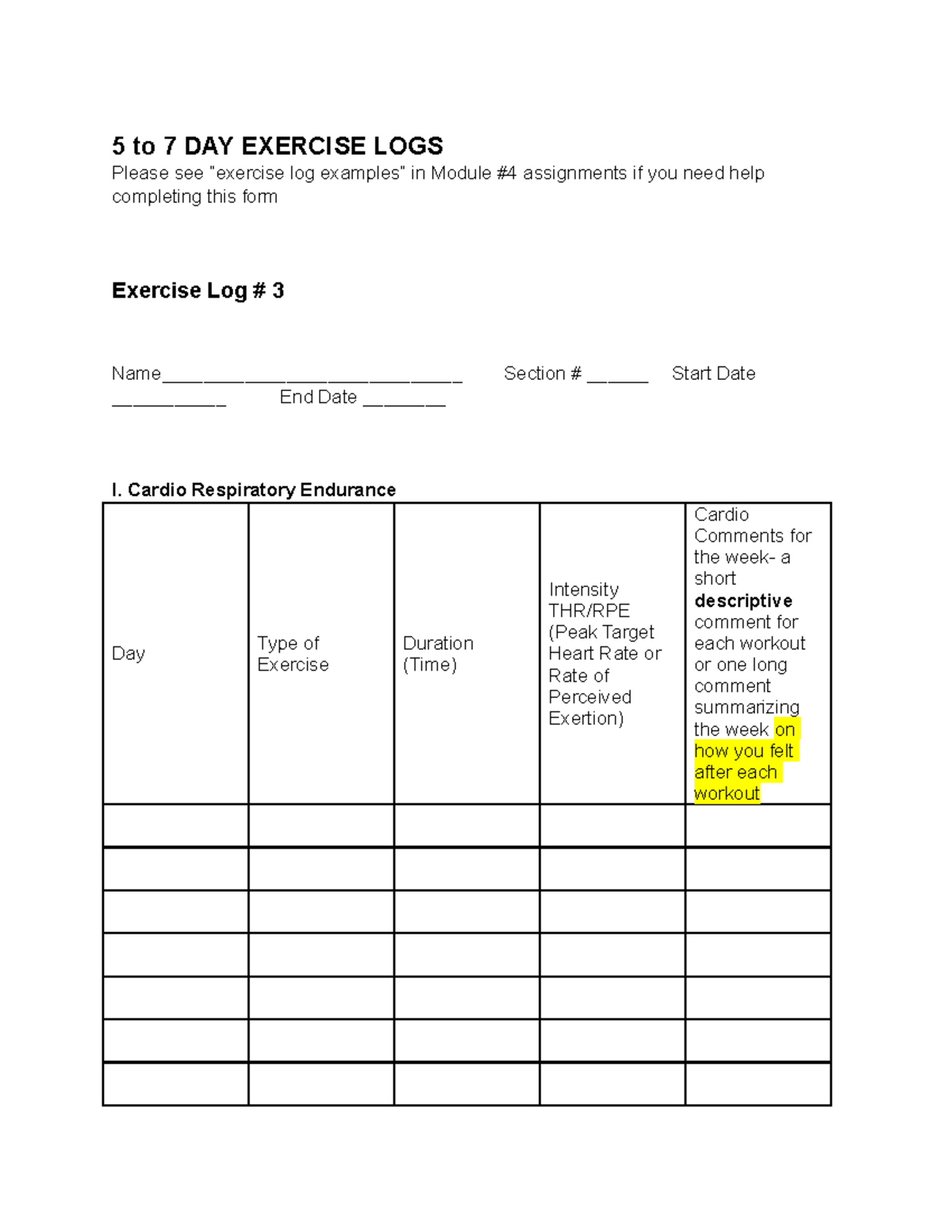 Document 7 - bgggb - 5 to 7 DAY EXERCISE LOGS Please see “exercise log ...