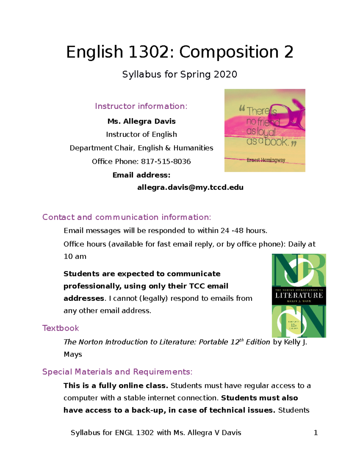 English 1302 Syllabus SP20 - English 1302: Composition 2 Syllabus for ...