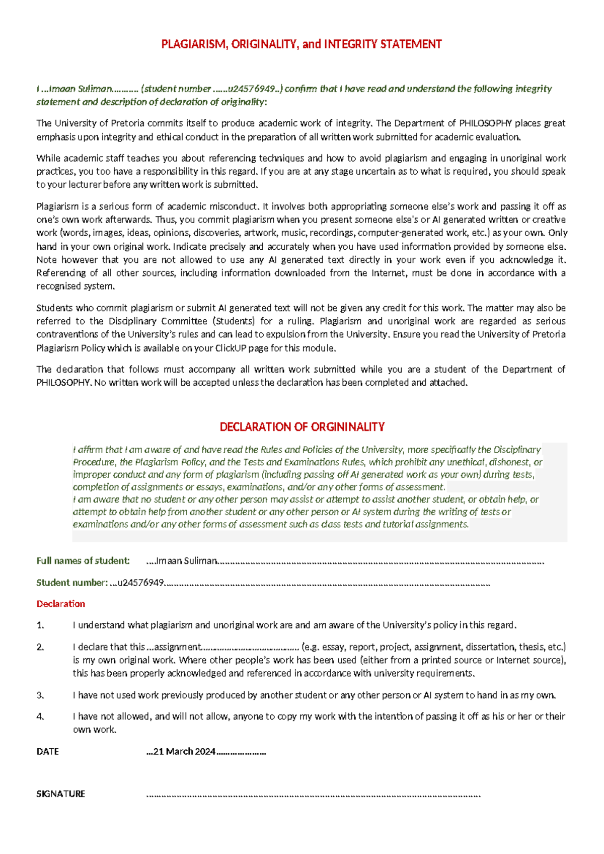 Integrity Statement Final Revised - PLAGIARISM, ORIGINALITY, and ...