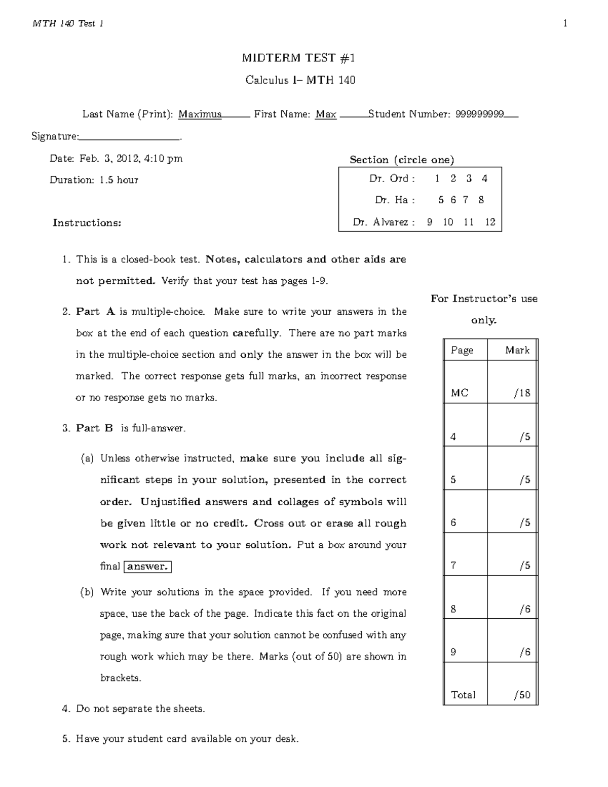 Midterm 1 17 February 2012, answers - 1 MTH 140 Test 1 MIDTERM TEST #1 ...