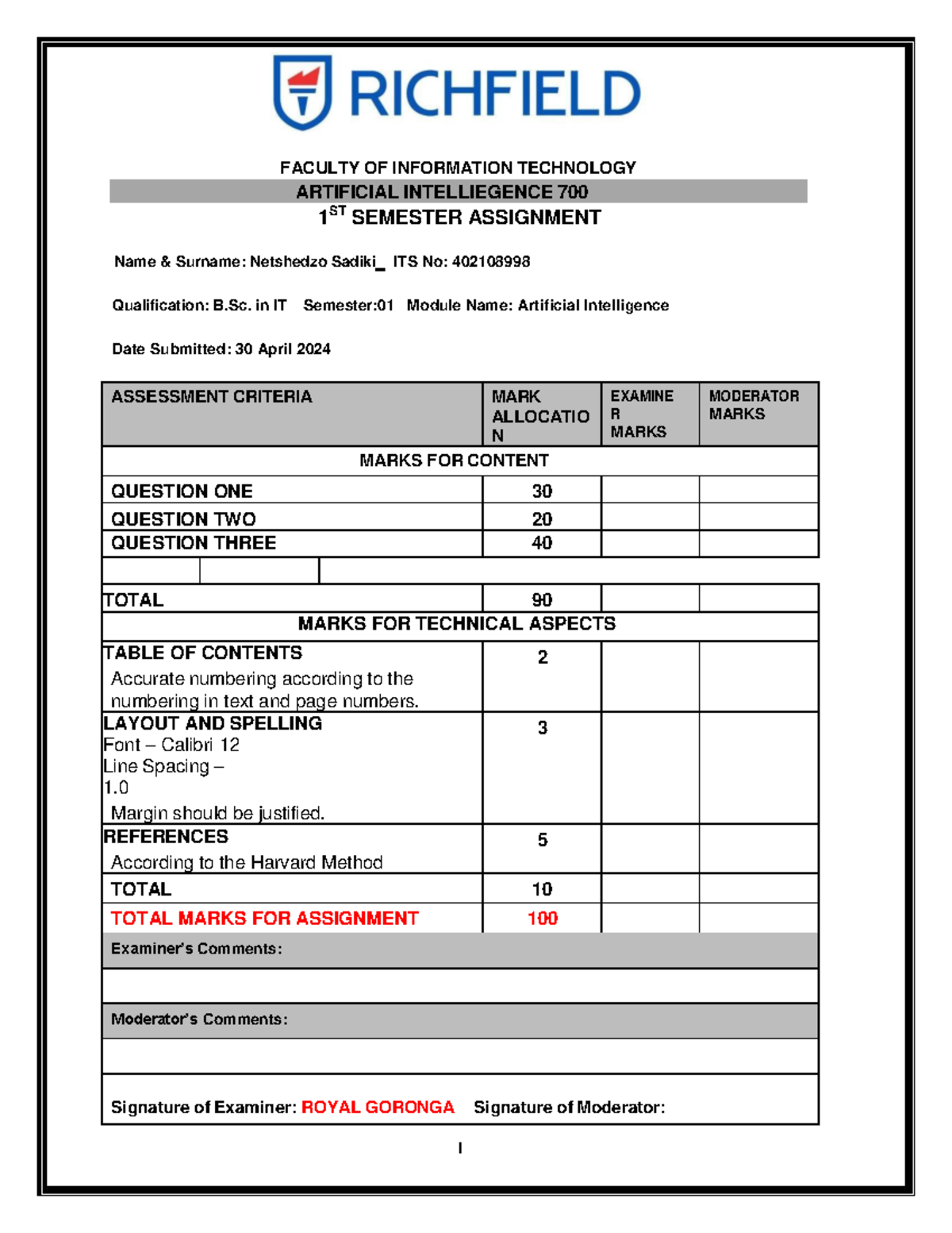 Artificial Intelligence 700 Assignment - FACULTY OF INFORMATION TECHNOLOGY ARTIFICIAL ...
