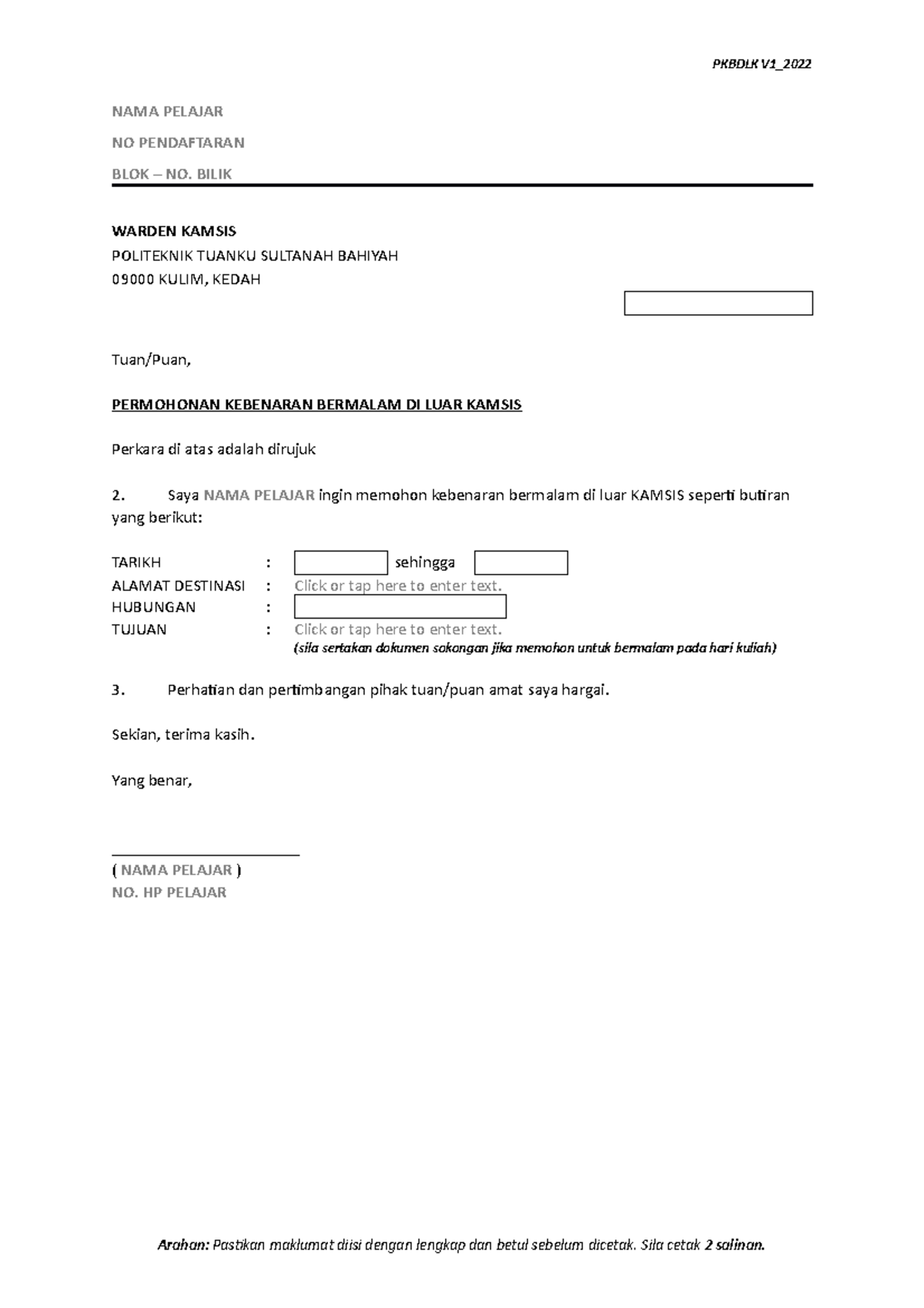 Pkbdlk v1-2022 - Surat Kebenaran Bermalam Luar Kamsis - PKBDLK V1_ NAMA ...