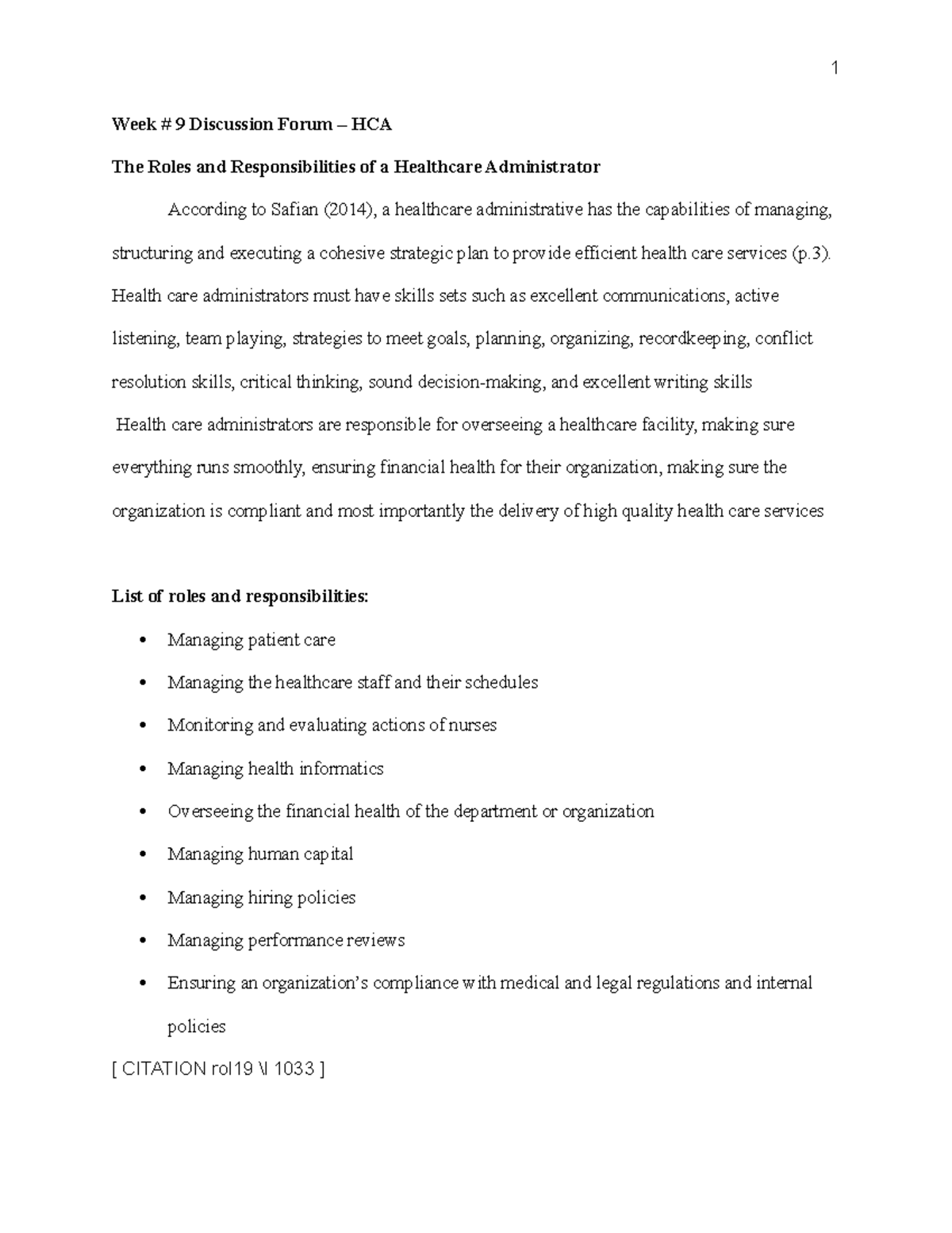 HCA roles draft paper - Health Care Administration - 1 Week # 9 ...