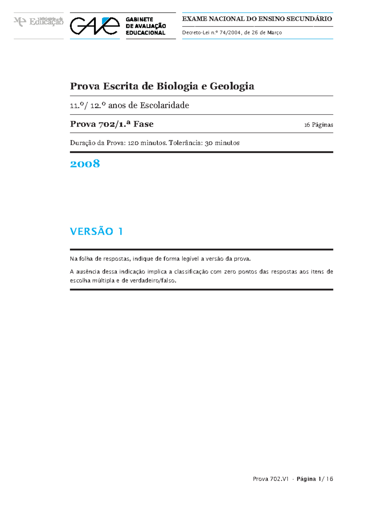 Biologia-Geologia - Prova Escrita de Biologia e Geologia 11.º/ 12.º ...