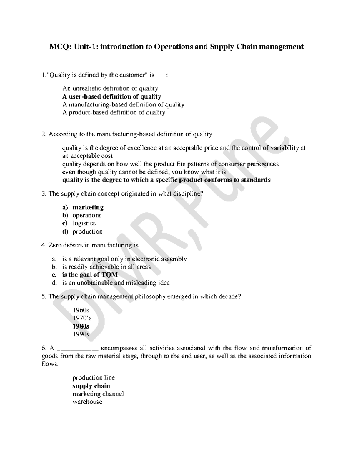 MCQ OSCM Unit 1 MCQ On Supply Chain Management MCQ Unit 1 