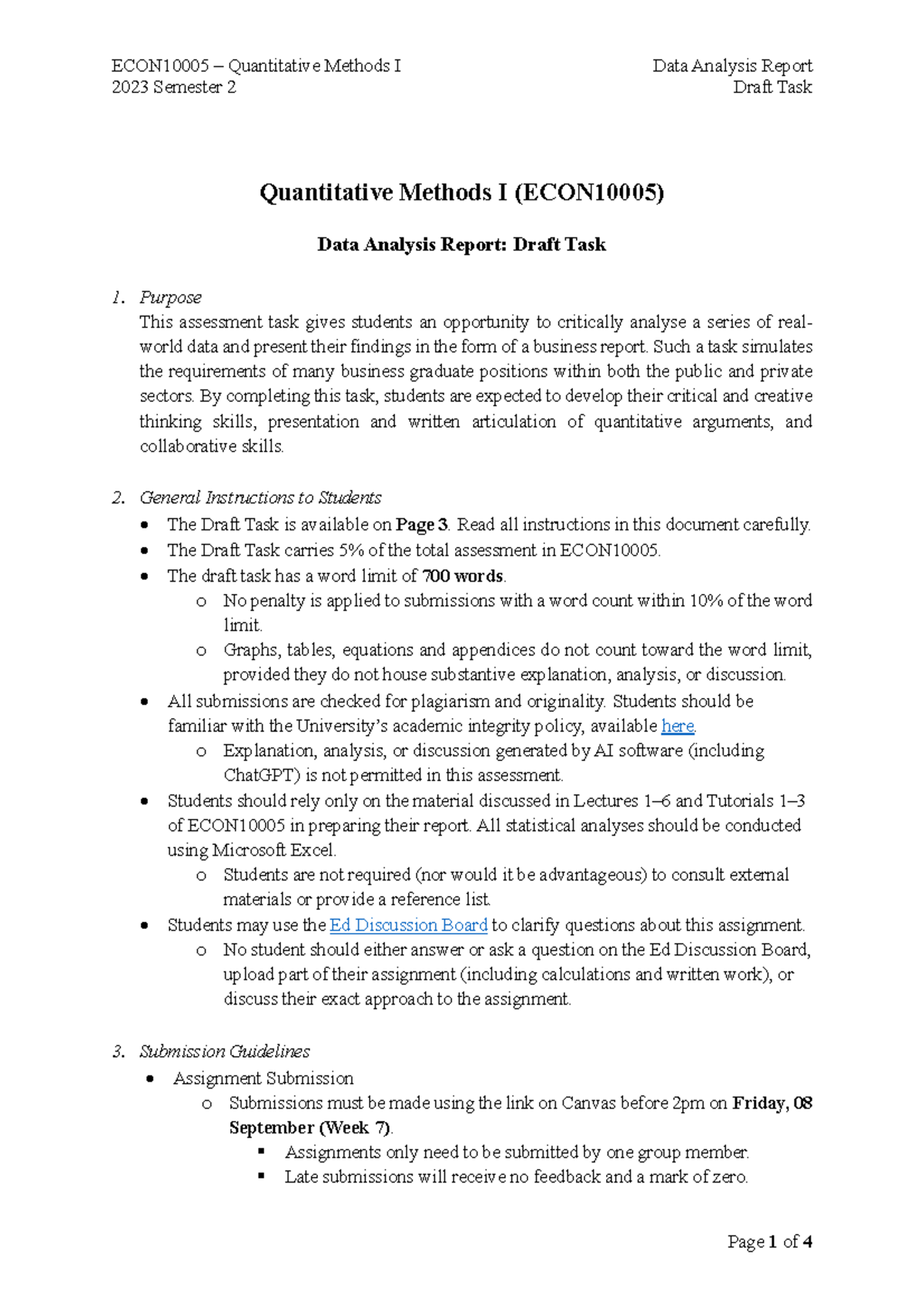 Data Analysis Report Draft - 2023 Semester 2 Draft Task Quantitative Methods I (ECON10005) Data ...