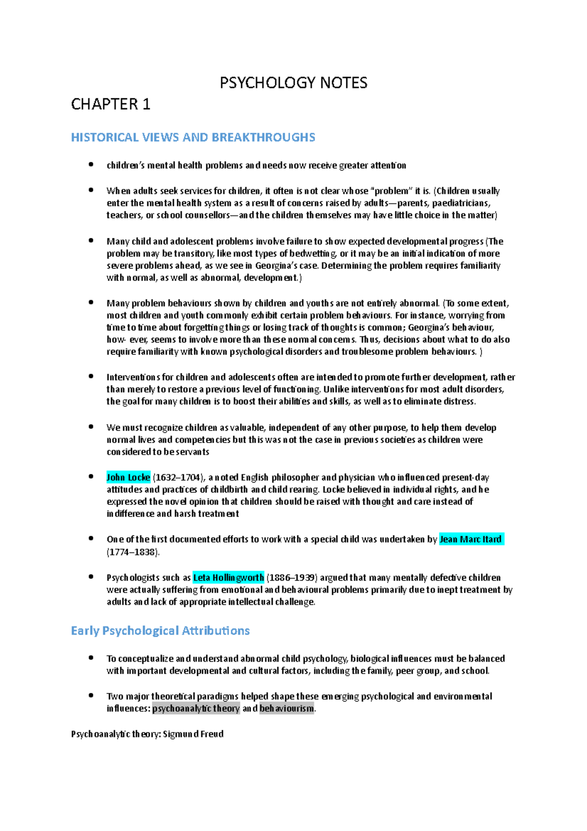 Psychology notes - PSYCHOLOGY NOTES CHAPTER 1 HISTORICAL VIEWS AND ...