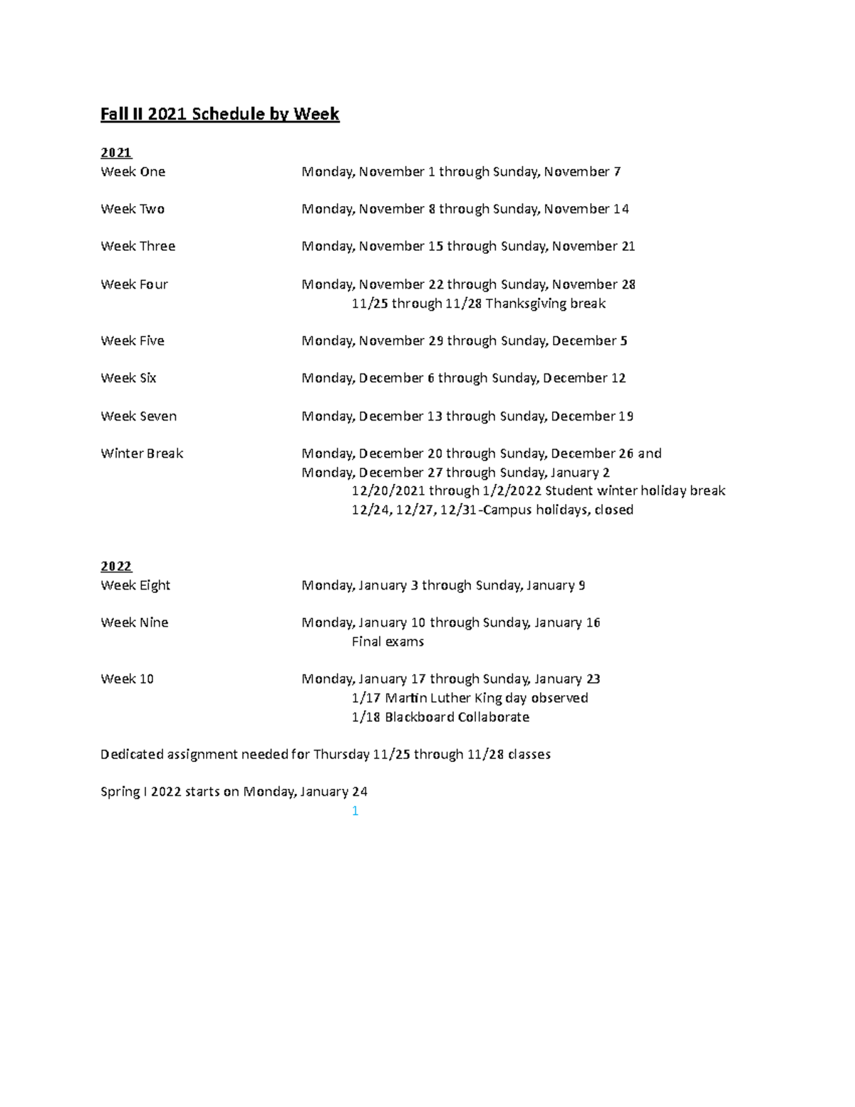 Fall II 2021 Schedule by Week - Studocu
