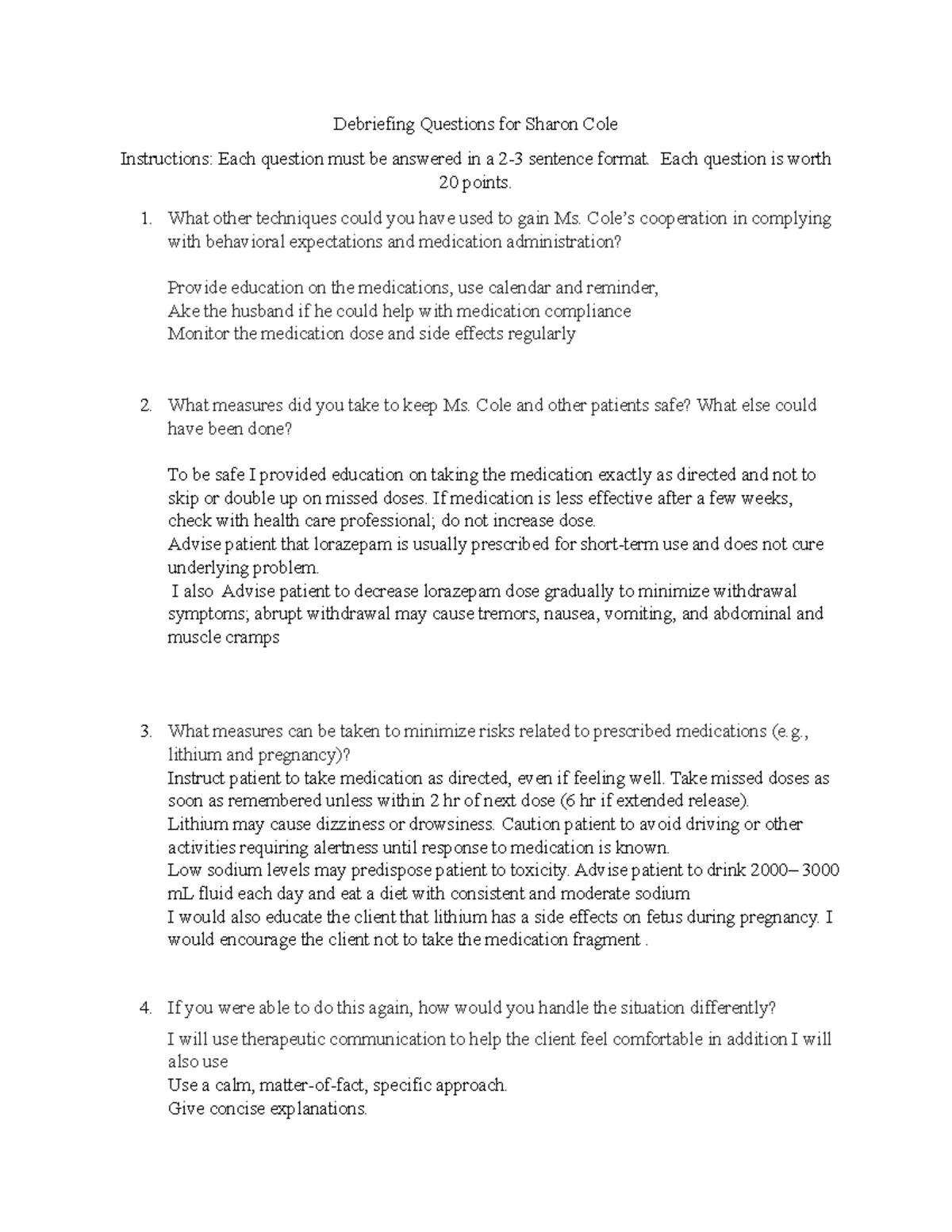 Debriefing Questions for Sharon Cole 1 - Debriefing Questions for ...