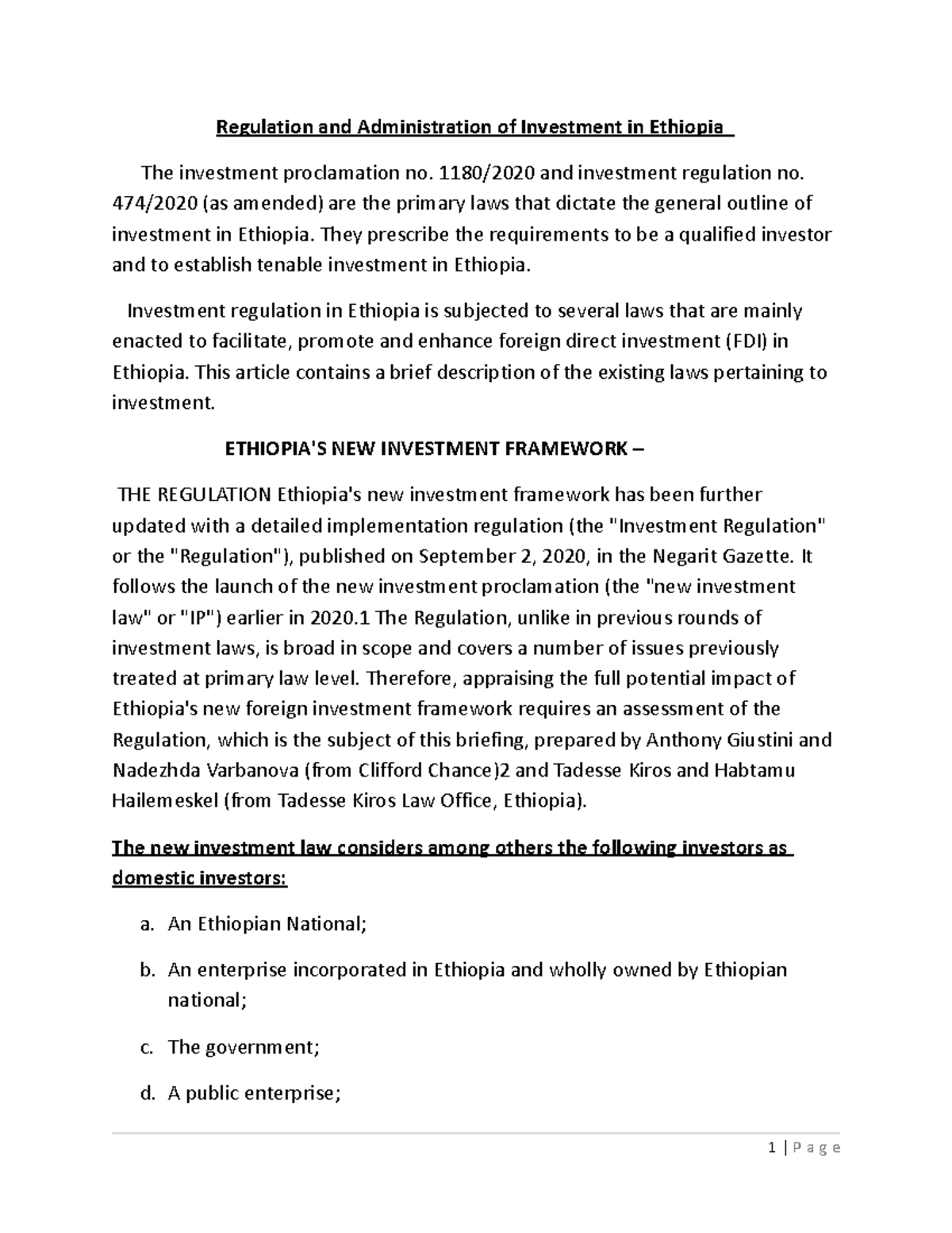 Regulation and Administration of Investment in Ethiopia - 1180/2020 and ...