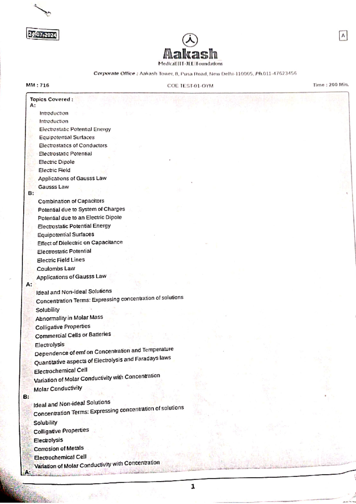 COE TEST 1 OYM - Helpful content - i A Aakash Corporate Office : Aakash ...