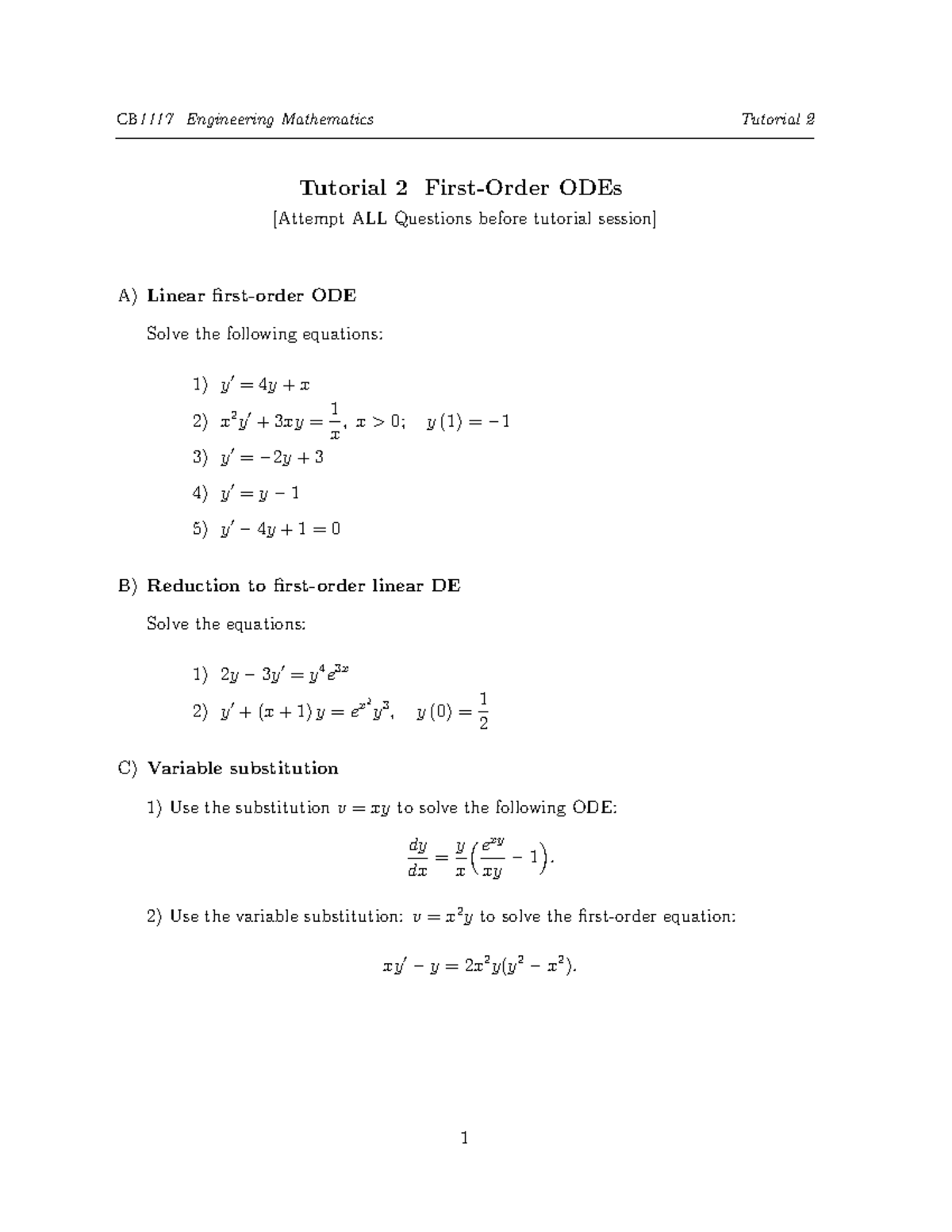 Tutorial 2-CB1117 Organic chemistry - CB 1117 Engineering Mathematics Tutorial 2 Tutorial 2 ...