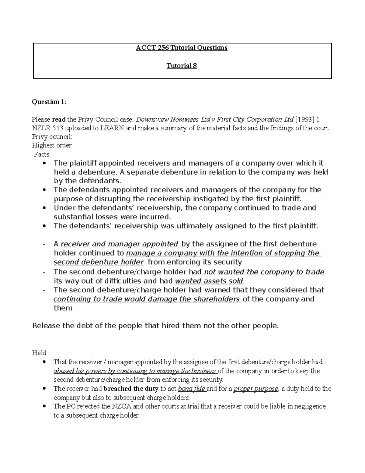 Tutorial 8 Corporate Insolvency - ACCT 256 Tutorial Questions Tutorial ...