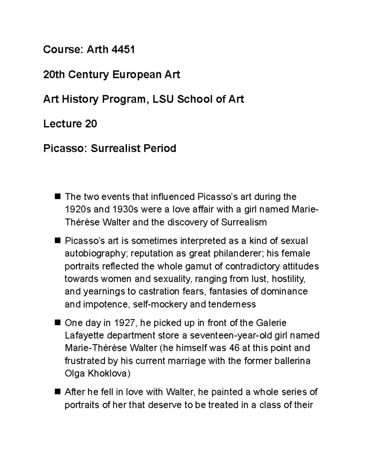 Surrealist Period - ARTH 20th century lecture notes taken from ...