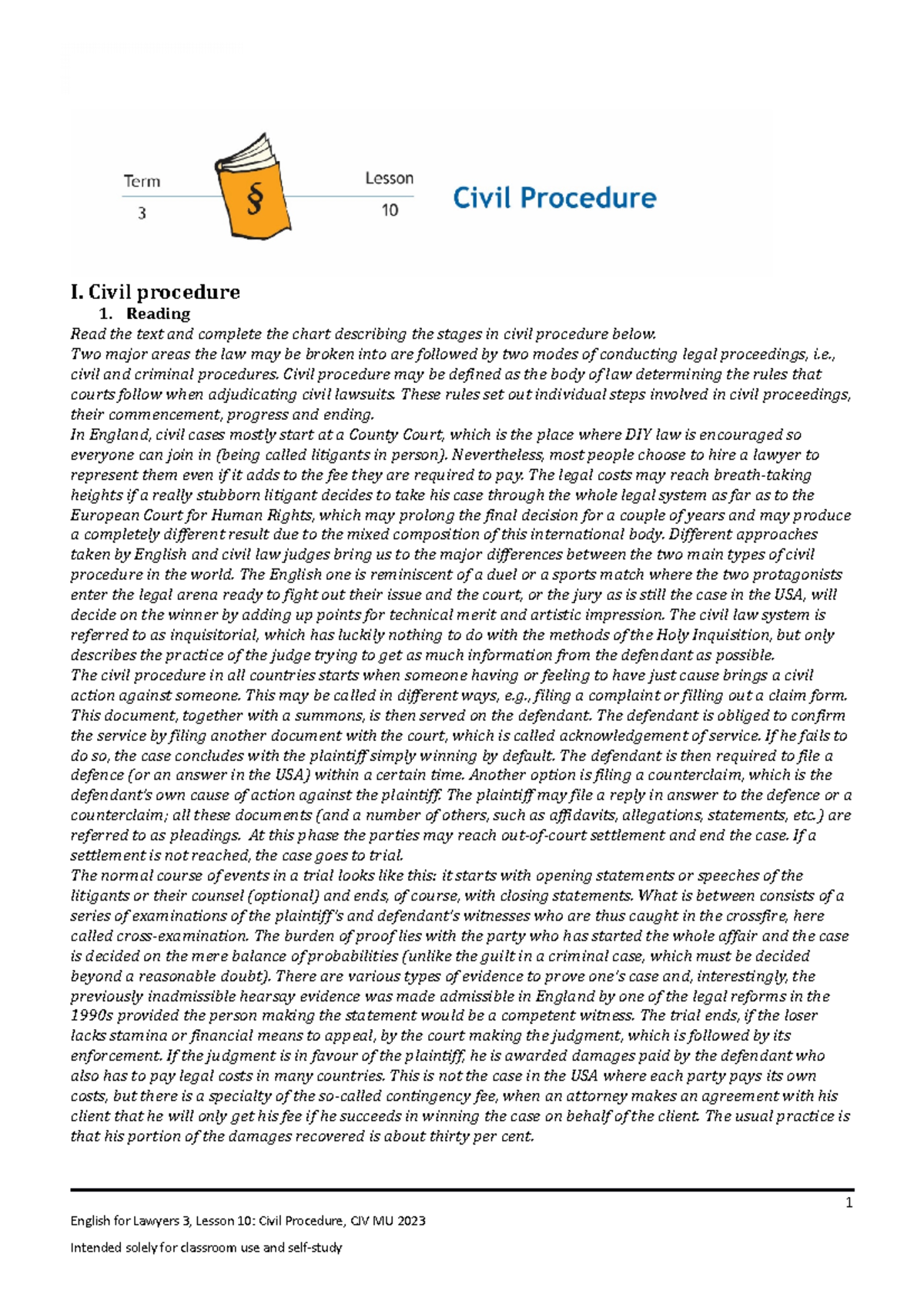 Lesson 10 Civil Procedure - I. Civil procedure Reading Read the text ...