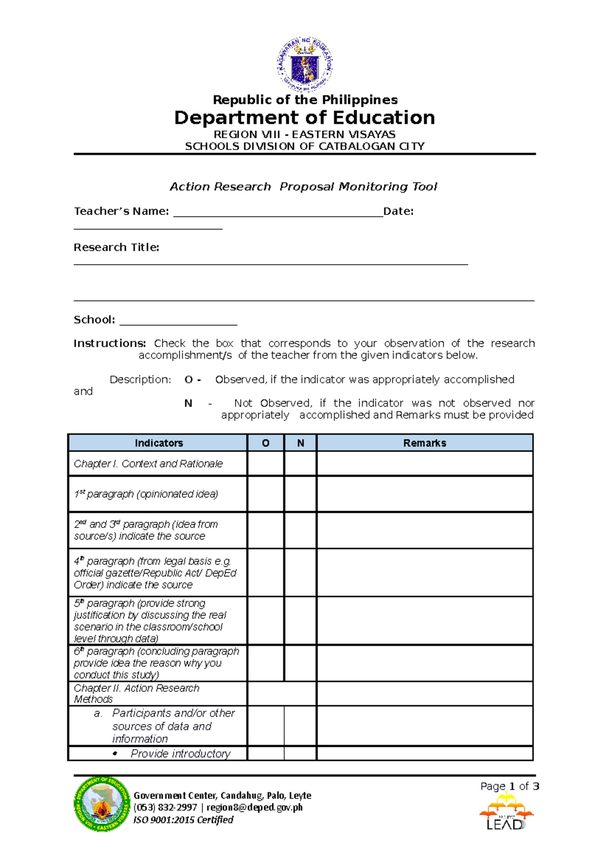 Action Research Proposal Monitoring Tool - Republic of the Philippines ...