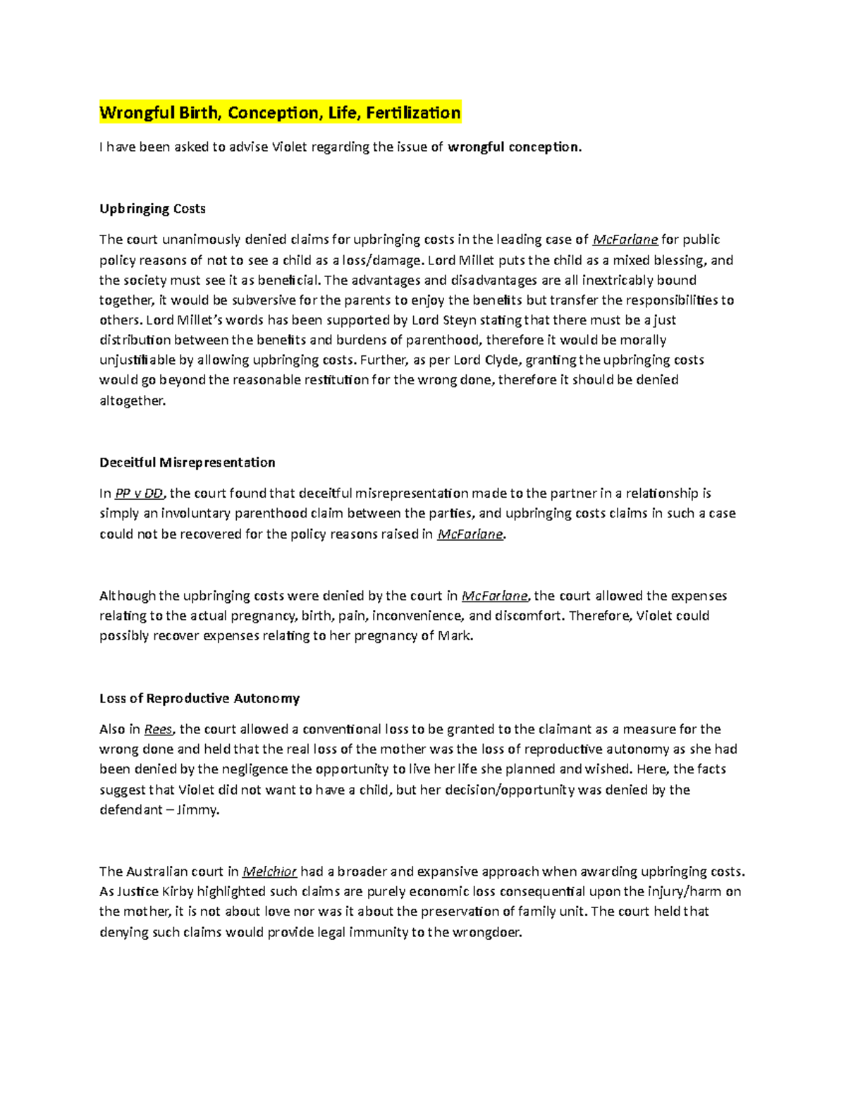 LAWS204 exam prep - Wrongful Birth, Conception, Life, Fertilization I ...