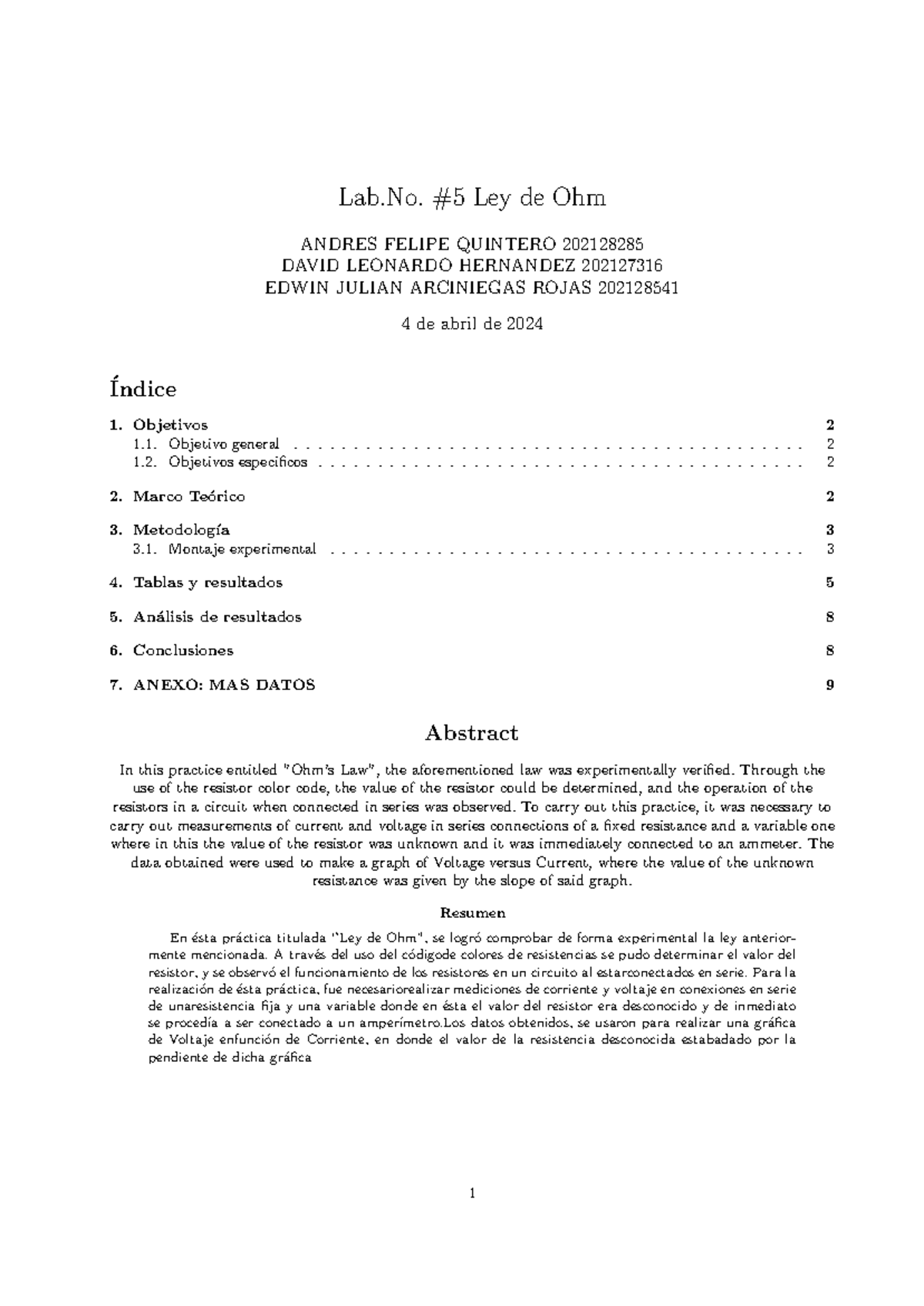 Lab No 5 Ley de Ohm - ... - Lab. #5 Ley de Ohm ANDRES FELIPE QUINTERO 202128285 DAVID LEONARDO ...