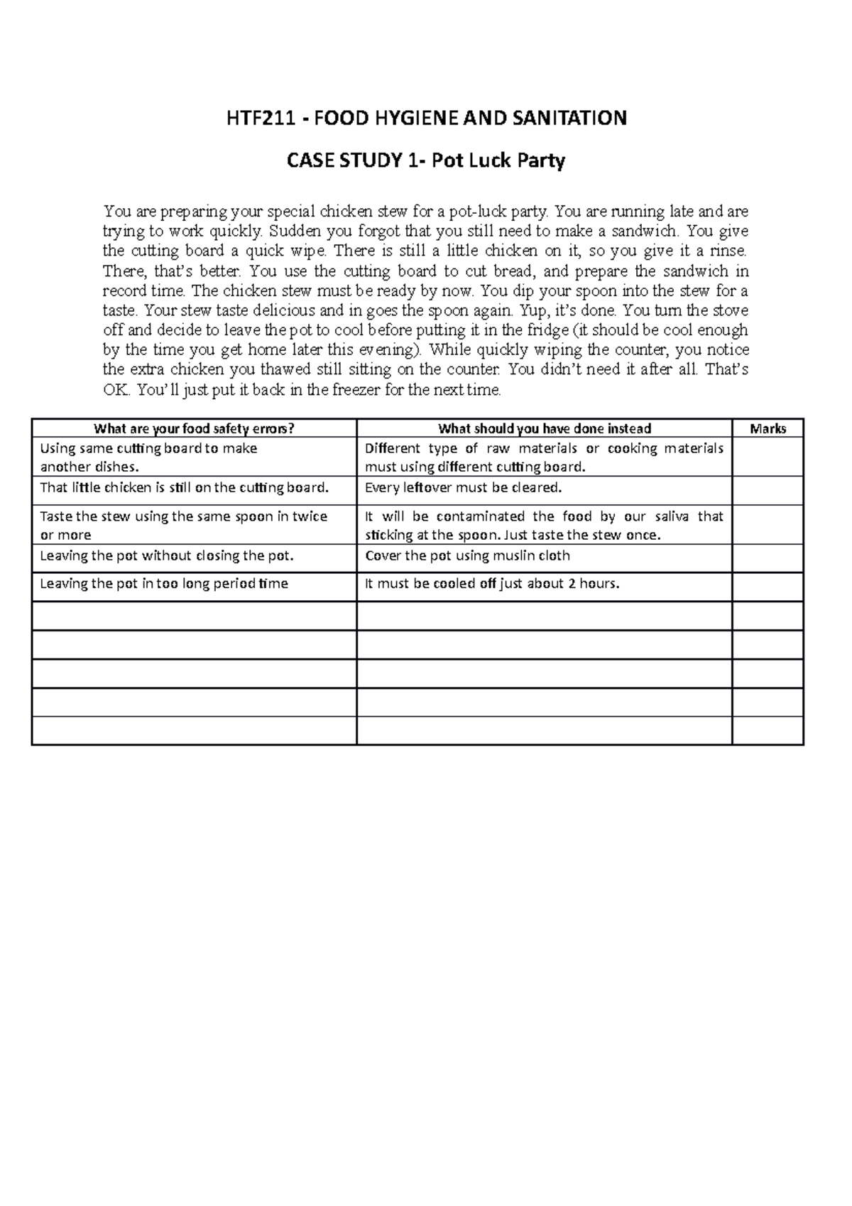 Case study Potluck Party - HTF211 - FOOD HYGIENE AND SANITATION CASE ...