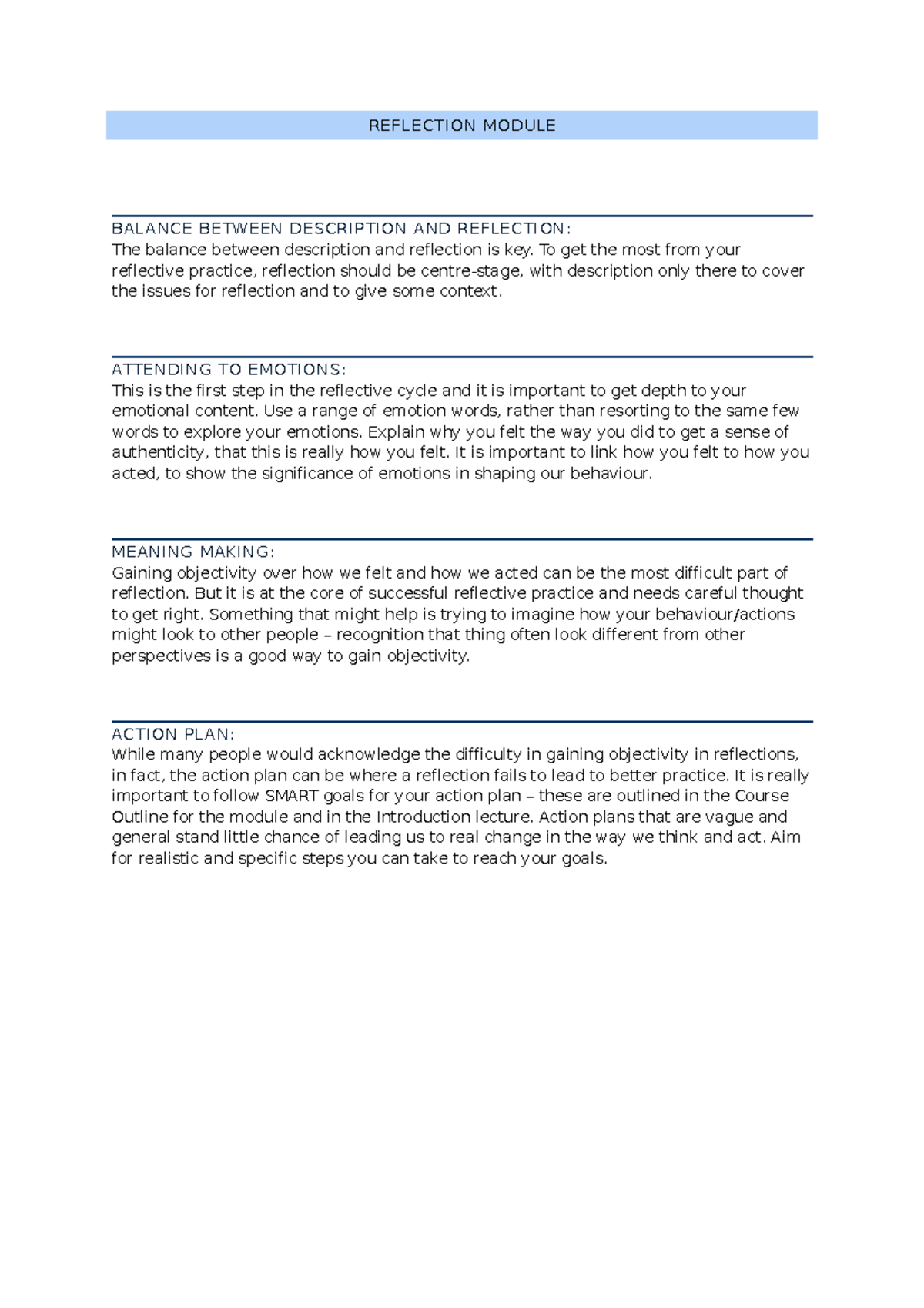 Guide to Reflection - REFLECTION MODULE BAL ANCE BETWEEN DESCRIPTION ...