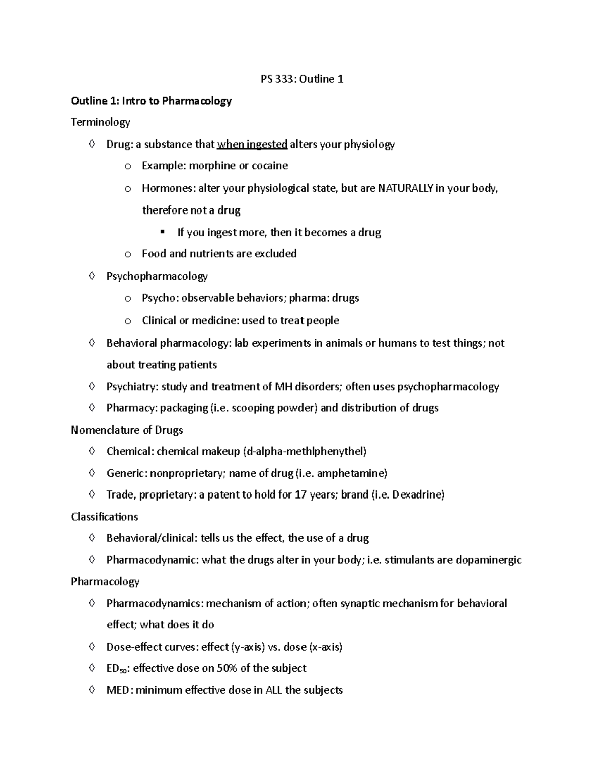PS 333 outline 1 - PS 333: Outline 1 Outline 1: Intro to Pharmacology ...